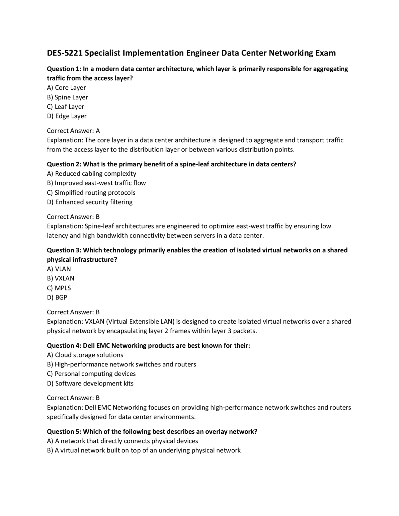 DES-5221 Specialist Implementation Engineer Data Center Networking Exam | Exams Technology | Docsity