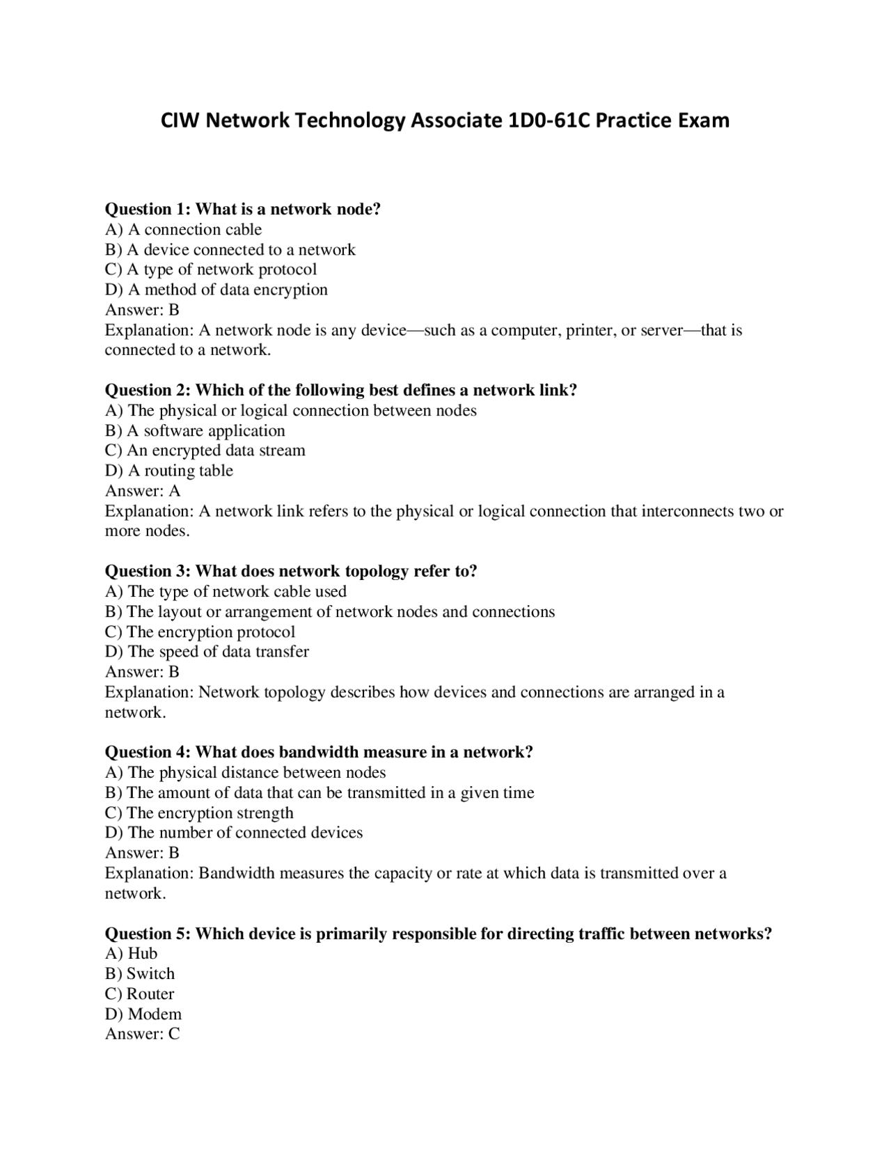 CIW Network Technology Associate 1D0-61C Exam | Exams Technology | Docsity