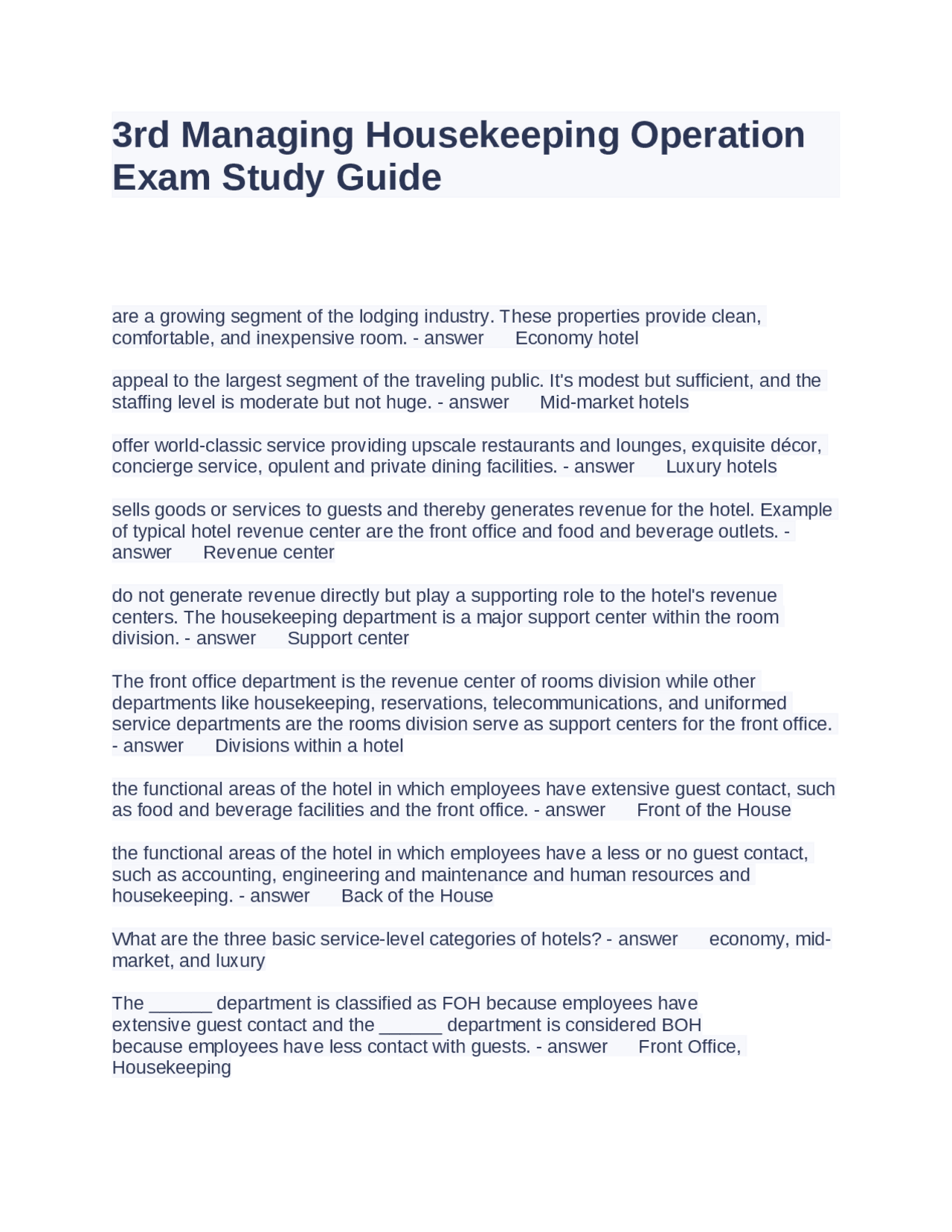 Hotel Management: Housekeeping Operations Exam Study Guide | Exams ...