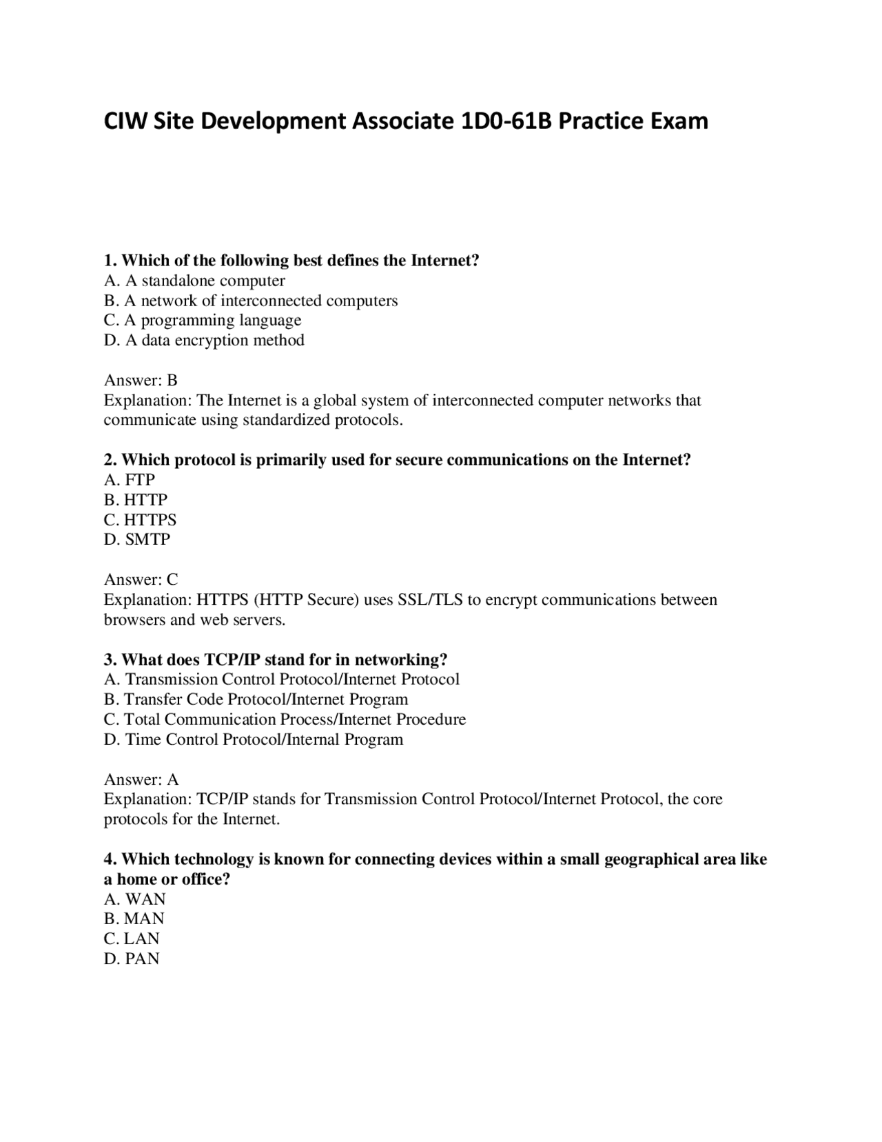 CIW Site Development Associate 1D0-61B Exam | Exams Technology | Docsity