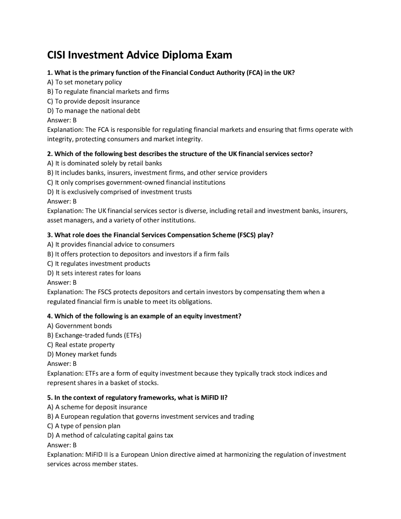 CISI Investment Advice Diploma Exam | Exams Technology | Docsity