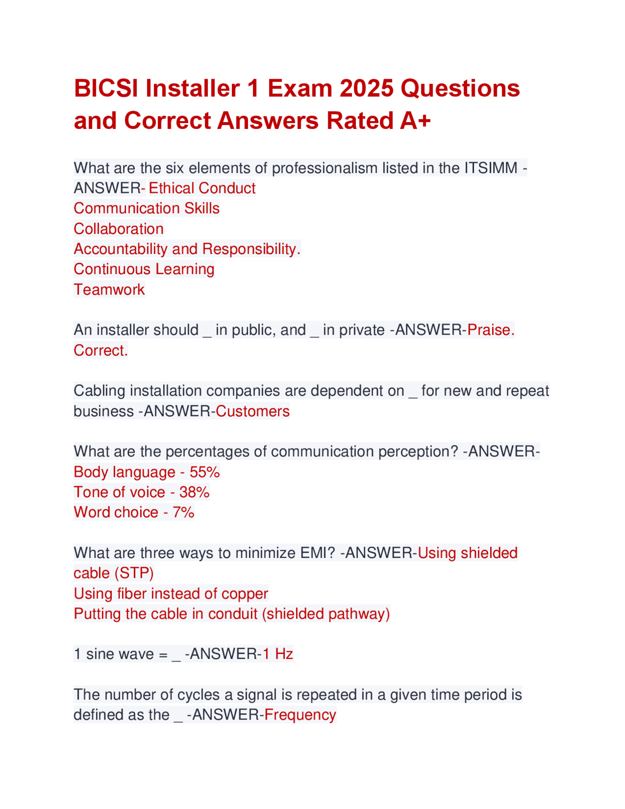 BICSI Installer 1 Exam 2025 Questions and Answers | Exams Nursing | Docsity