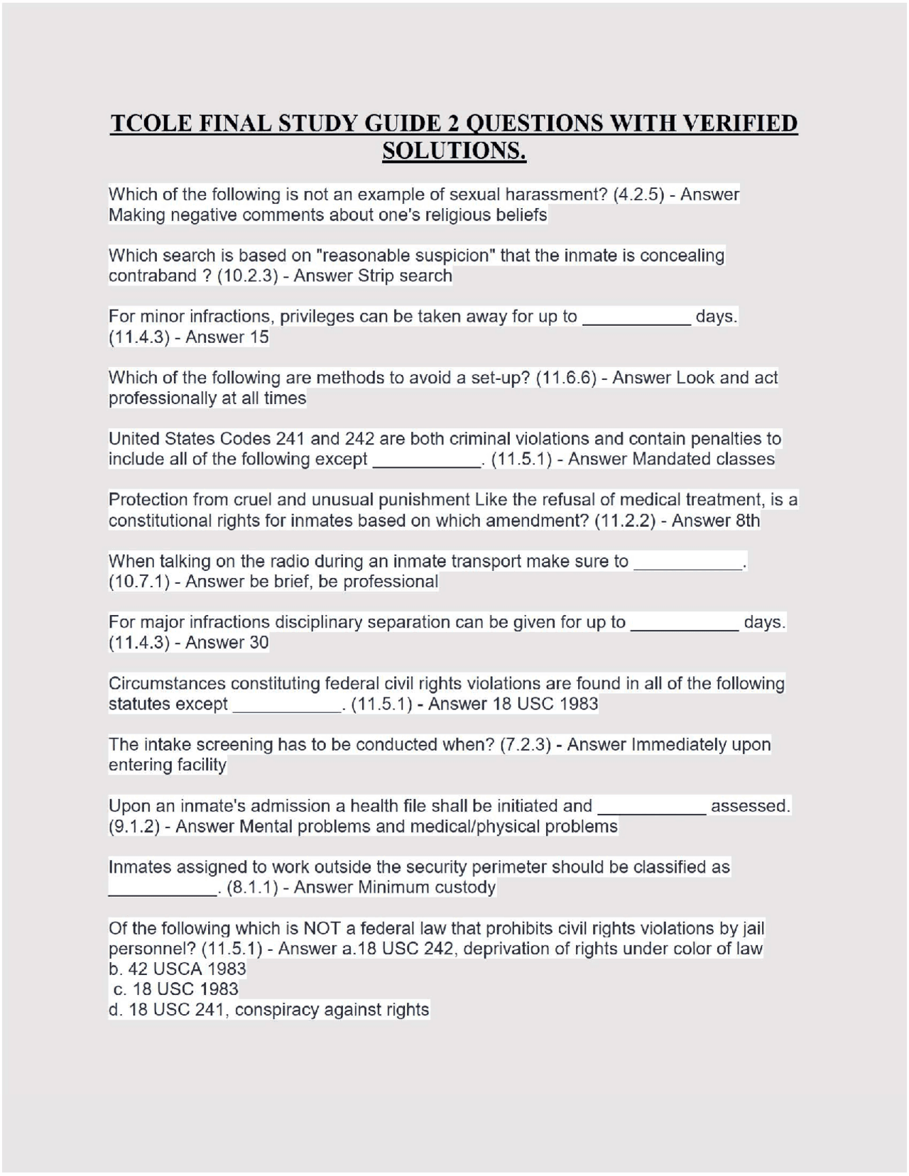 TCOLE FINAL STUDY GUIDE 2 QUESTIONS WITH VERIFIED SOLUTIONS. | Exams ...