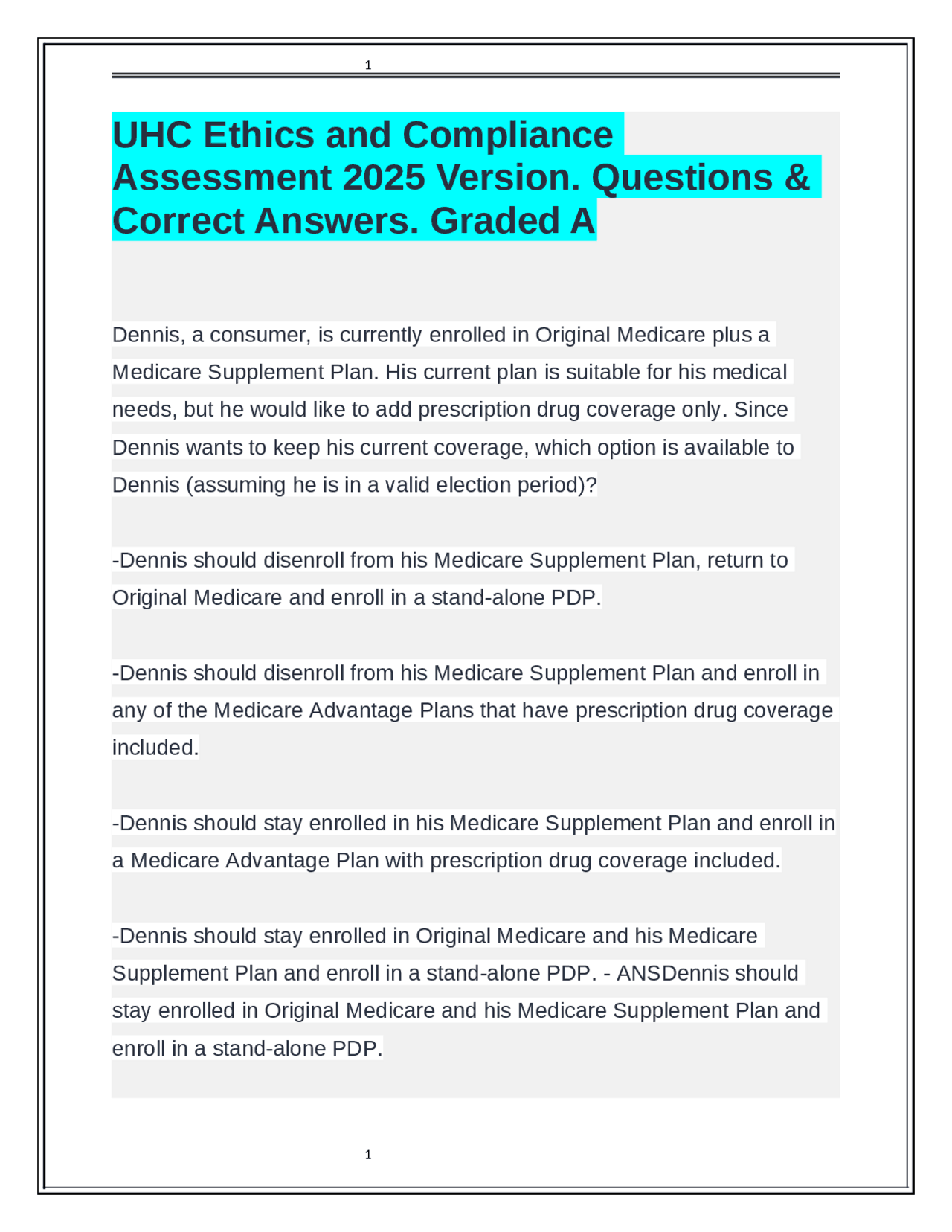 UHC Ethics and Compliance Assessment 2025: Questions and Answers ...
