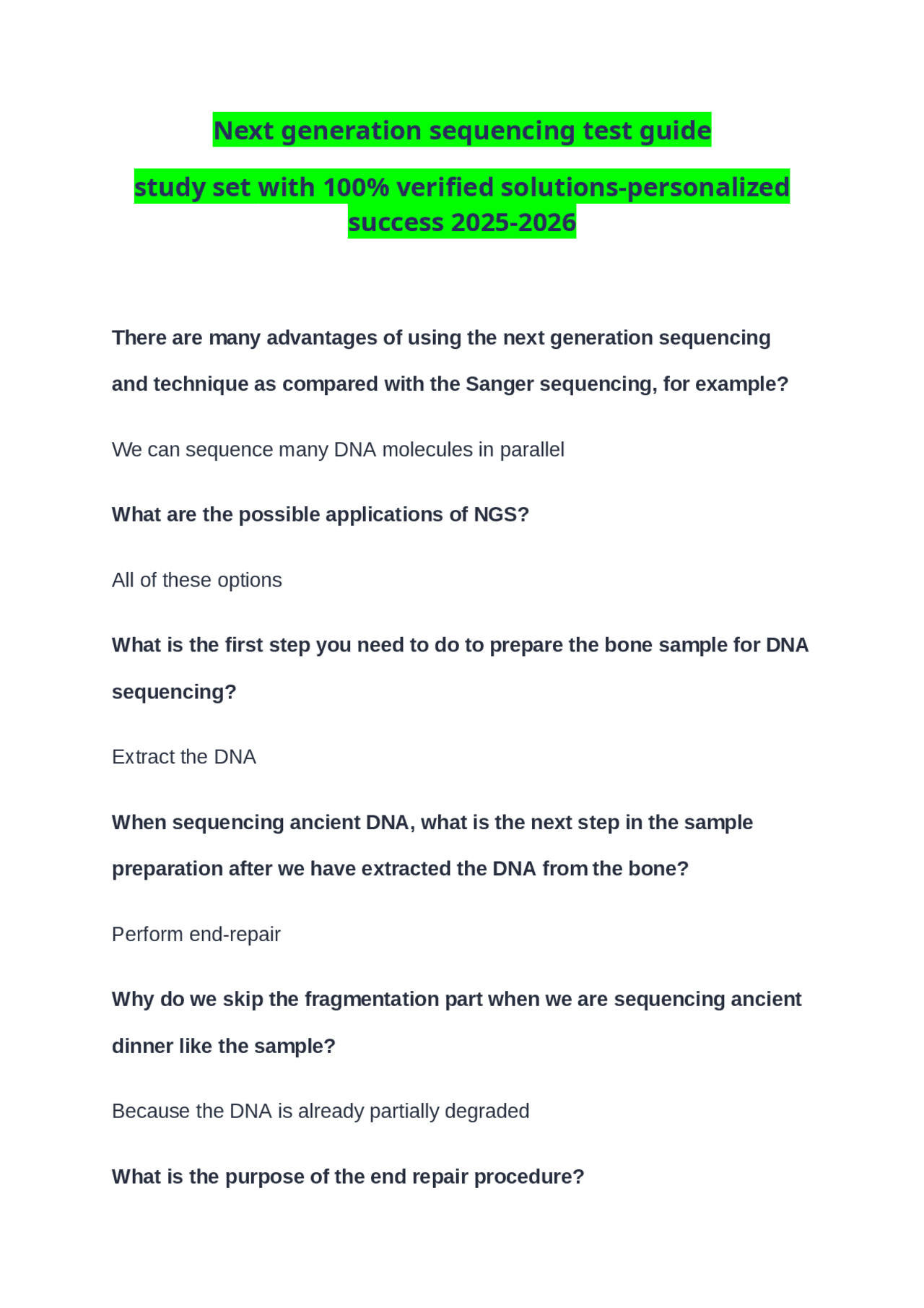 Next generation sequencing test guide study set with 100% verified ...