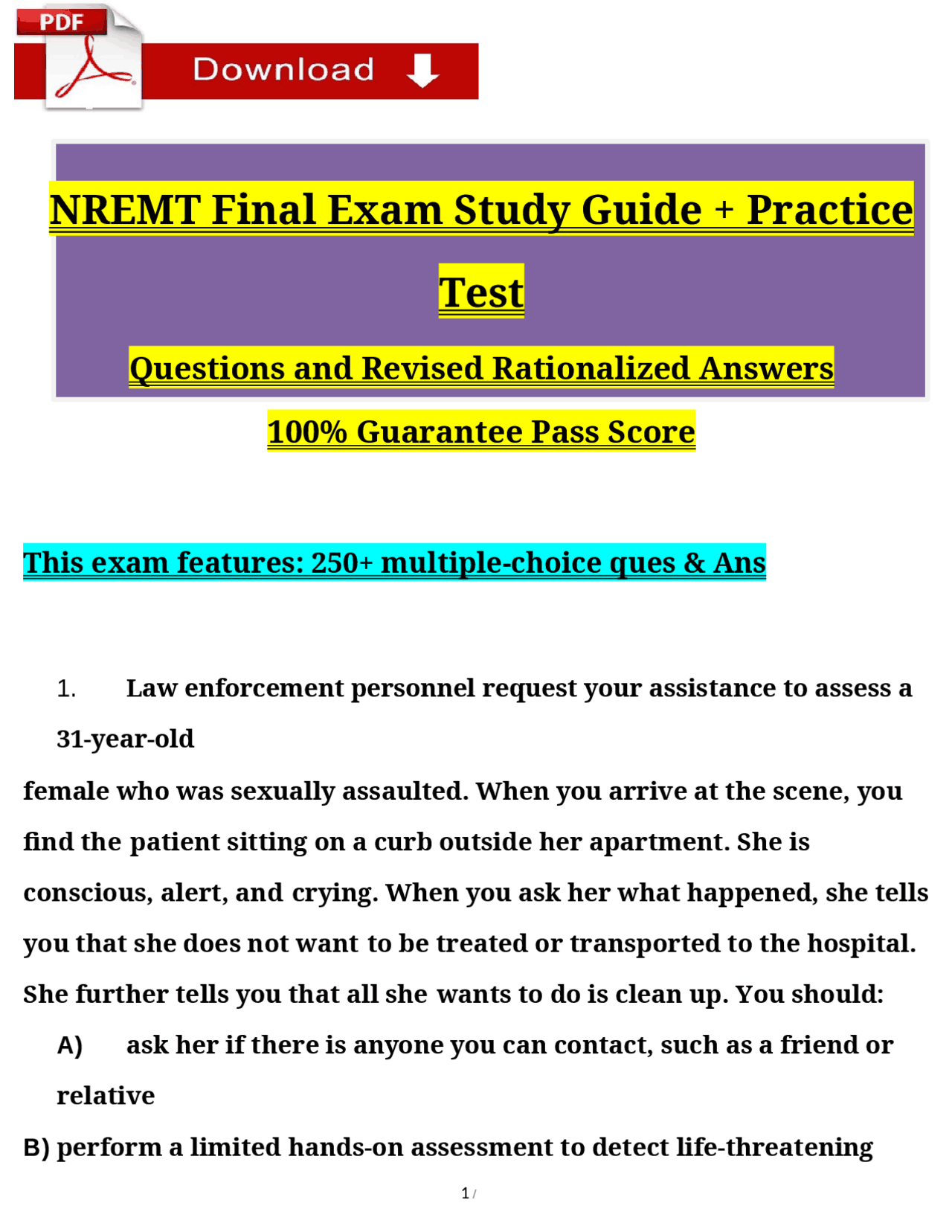 NREMT Final Exam Study Guide + Practice Test (Latest 2025 / 2026) Qs ...