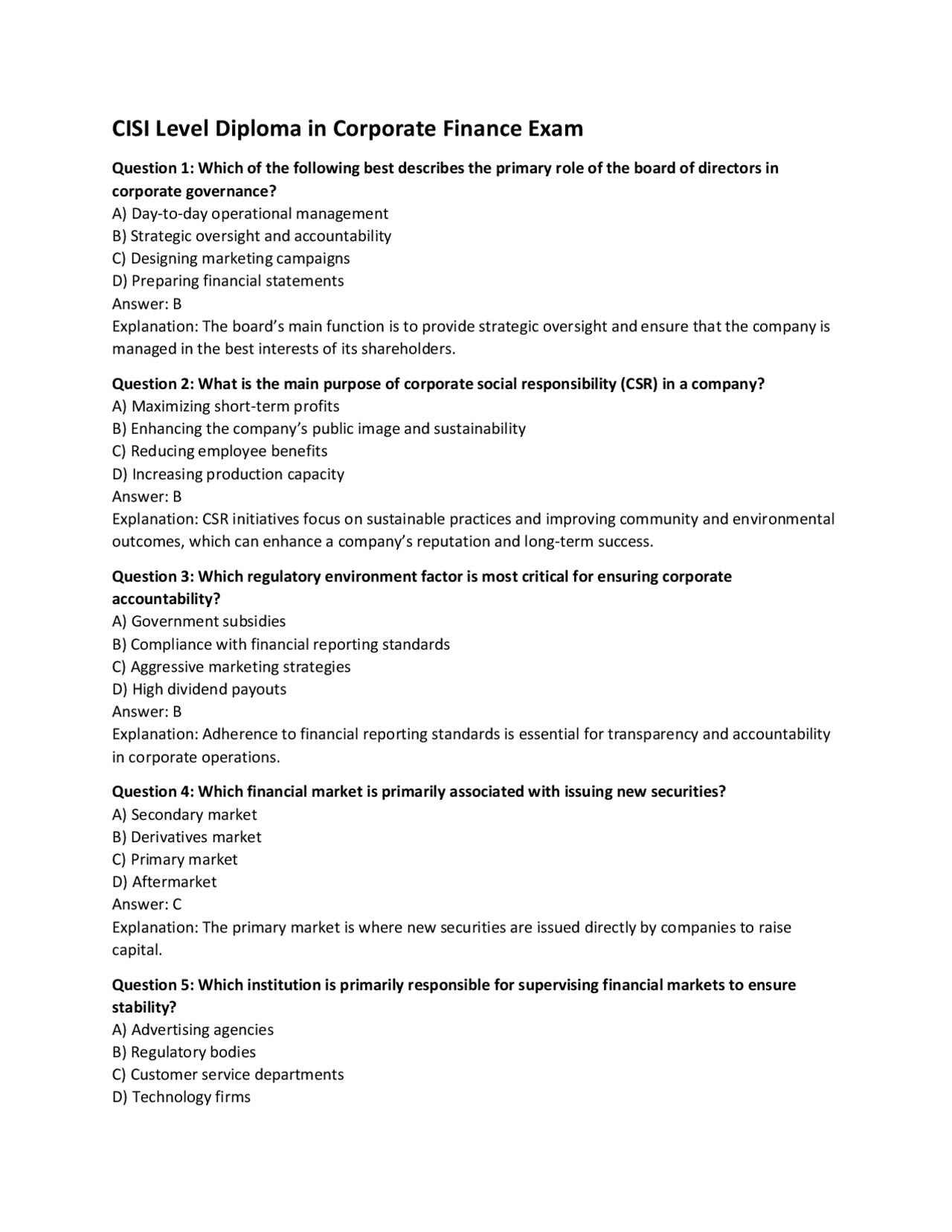 CISI Level Diploma in Corporate Finance Exam | Exams Technology | Docsity