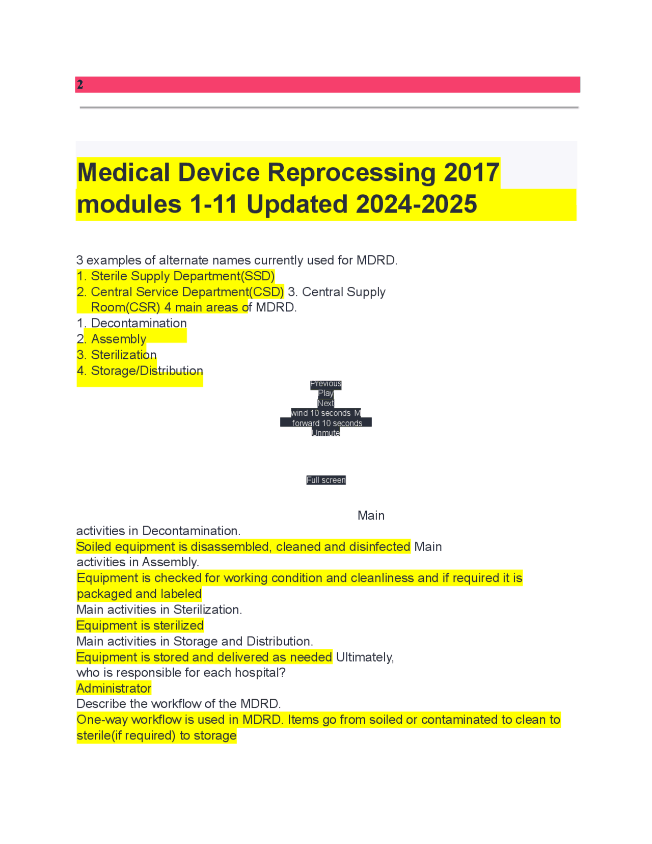 Medical Device Reprocessing 2017 modules 1-11 Updated 2024-2025 | Exams ...