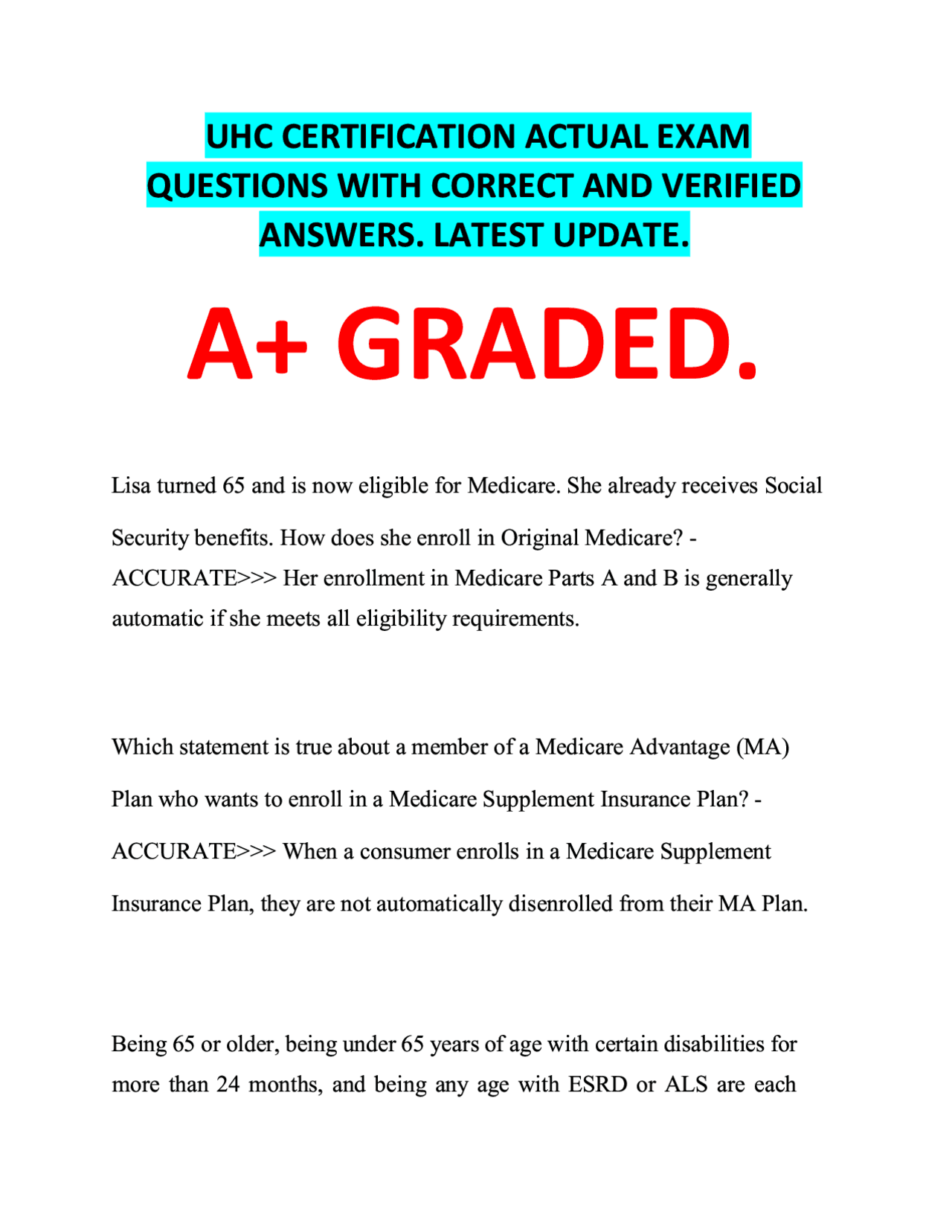 UHC CERTIFICATION ACTUAL EXAM QUESTIONS WITH CORRECT AND VERIFIED ...