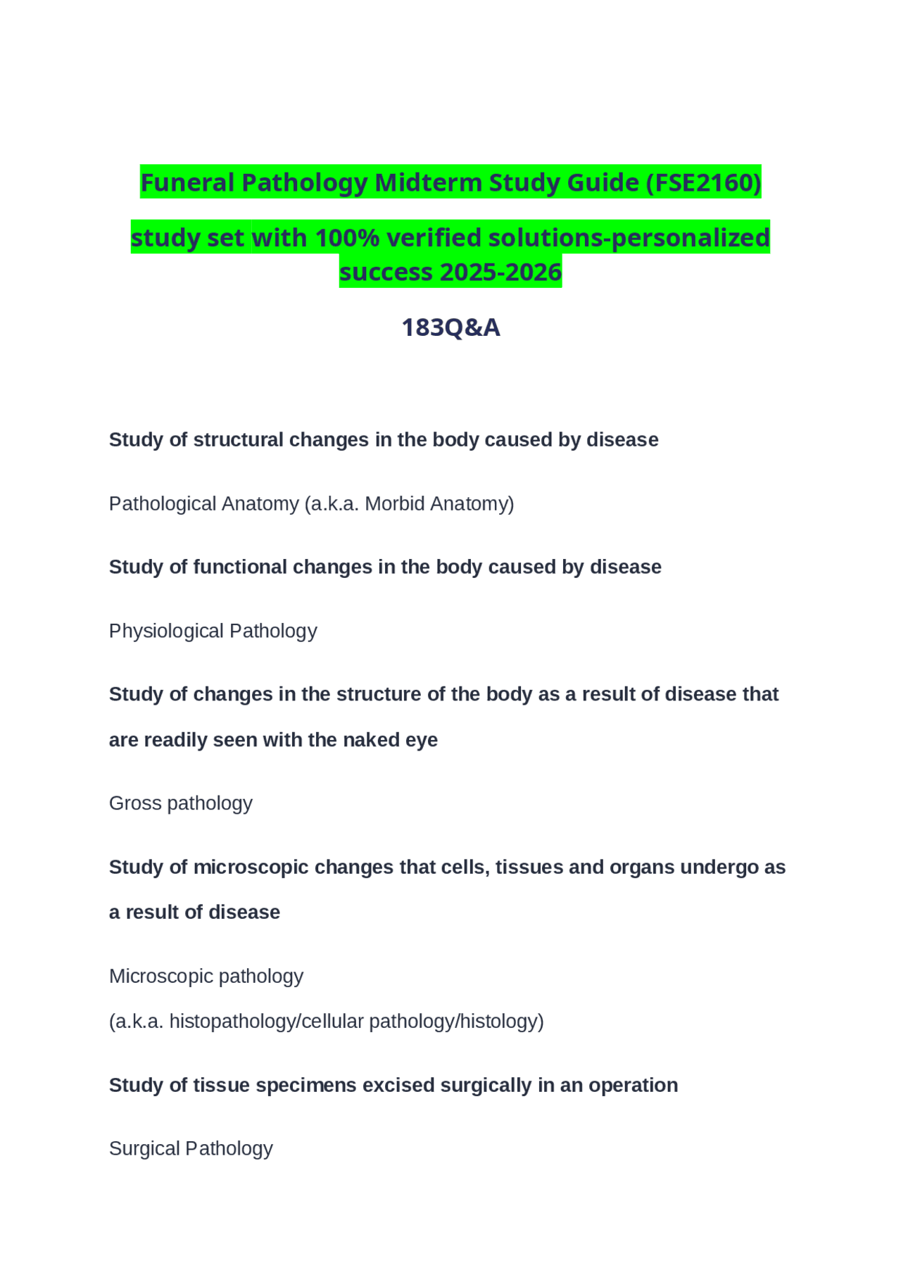 Funeral Pathology Midterm Study Guide (FSE2160) study set with 100% ...