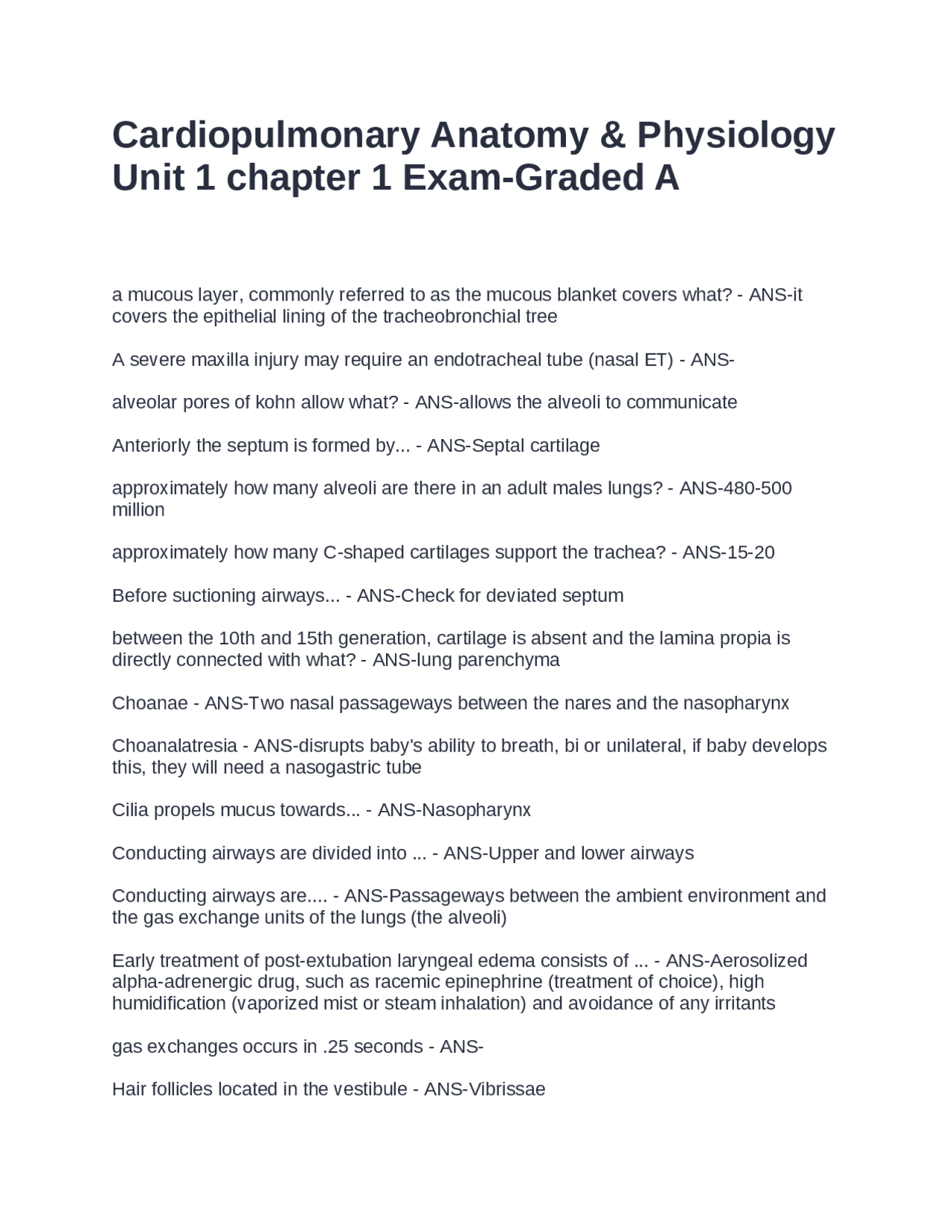 Cardiopulmonary Anatomy & Physiology Unit 1 chapter 1 Exam-Graded A ...