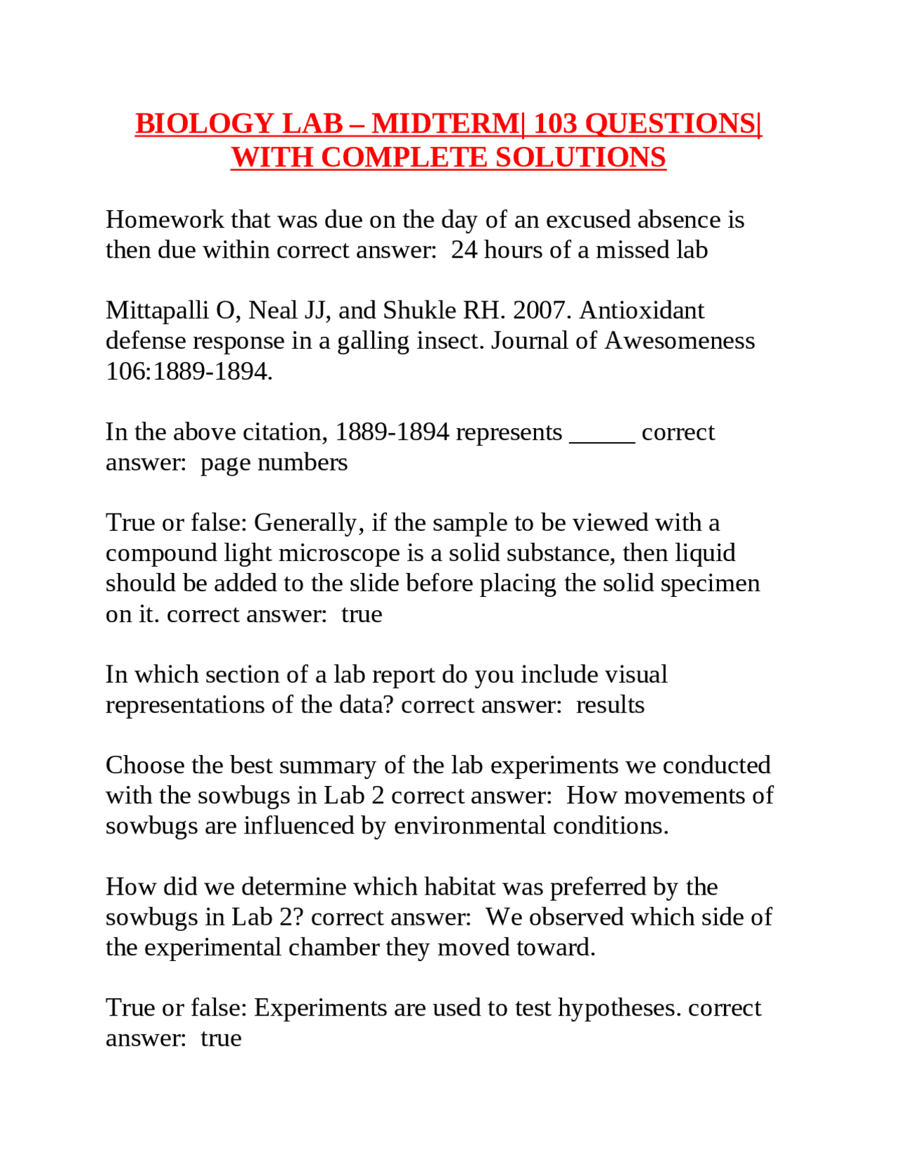 Biology Lab Midterm Review: 103 Questions with Solutions | Exams ...