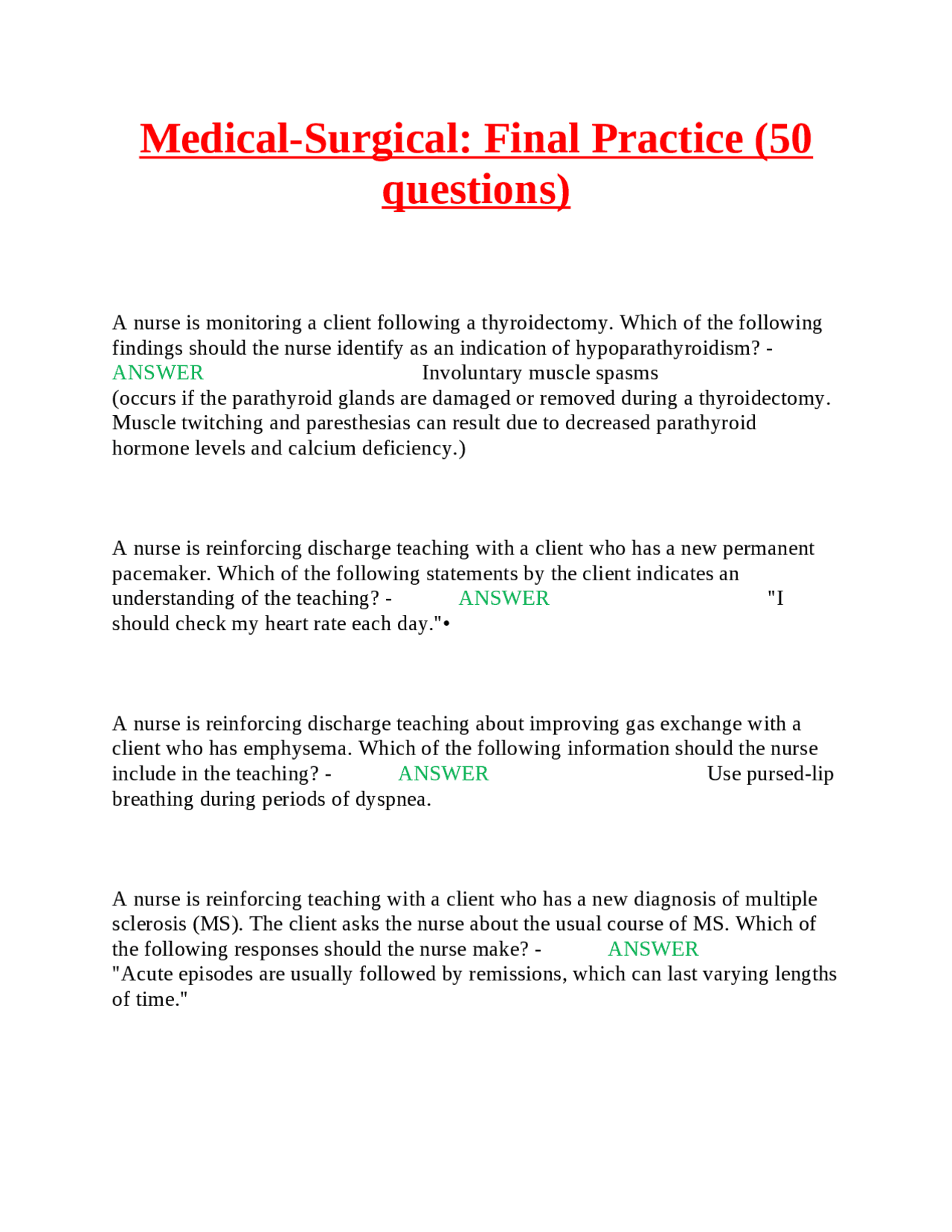 Medical-Surgical: Final Practice (50 questions) | Exams Medicine | Docsity