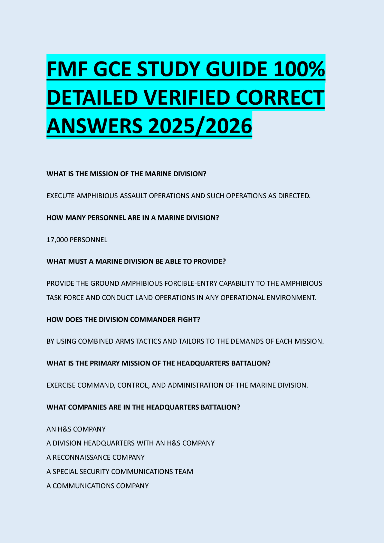 FMF GCE STUDY GUIDE 100% DETAILED VERIFIED CORRECT ANSWERS 2025/2026 ...