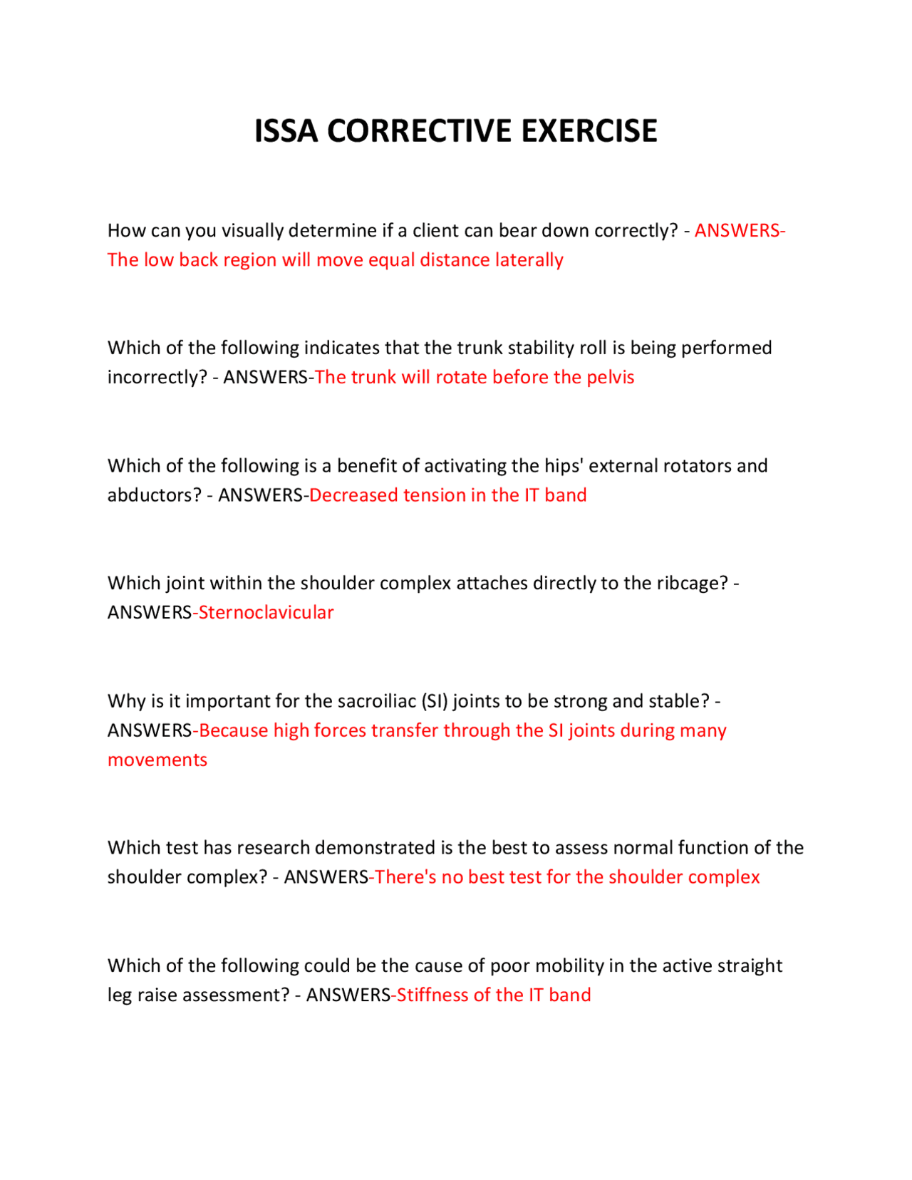 ISSA CORRECTIVE EXERCISE QUESTIONS AND ANSWERS 2025 | Exams Nursing | Docsity