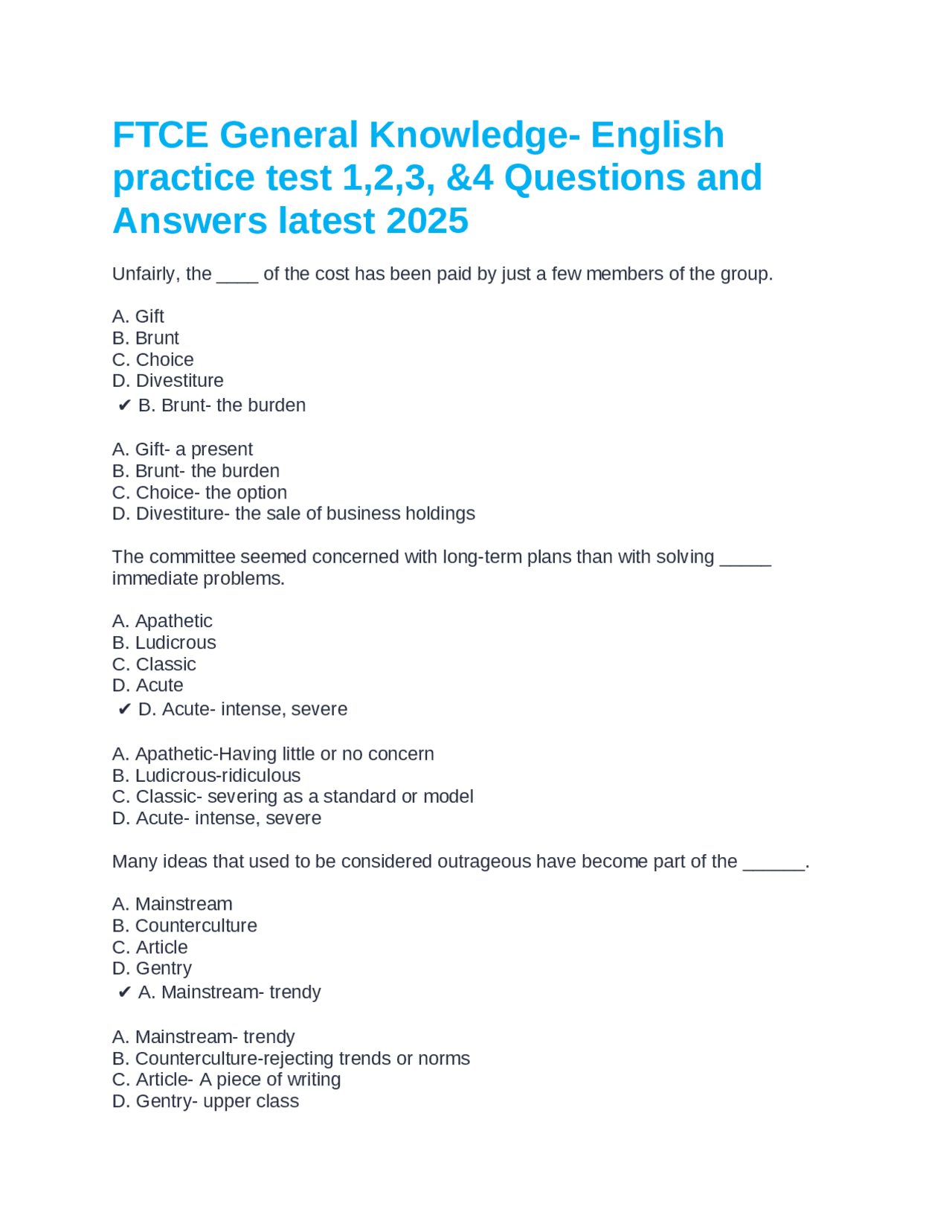 FTCE General Knowledge- English practice test 1,2,3, &4 Questions and ...