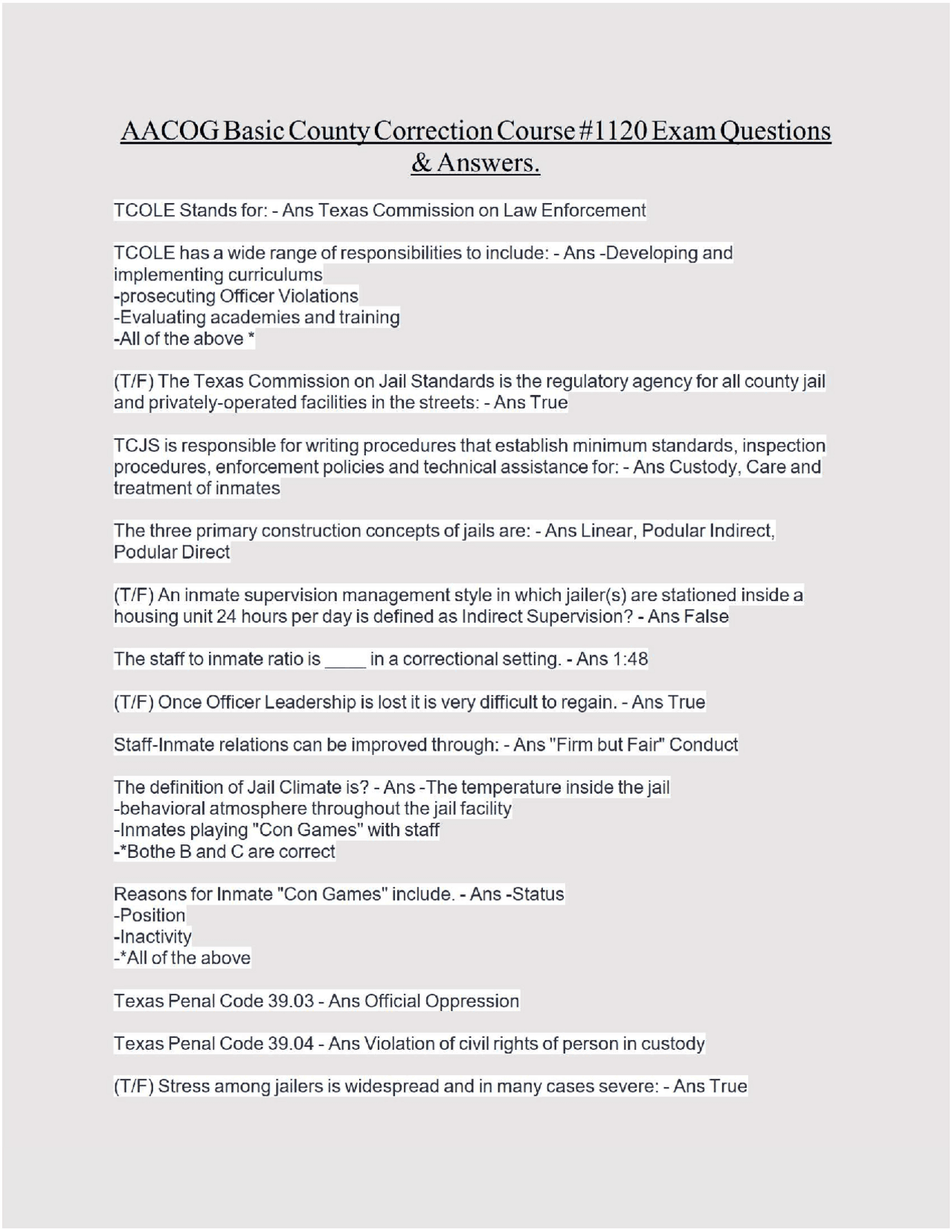 AACOG Basic County Correction Course #1120 Exam Questions & Answers ...