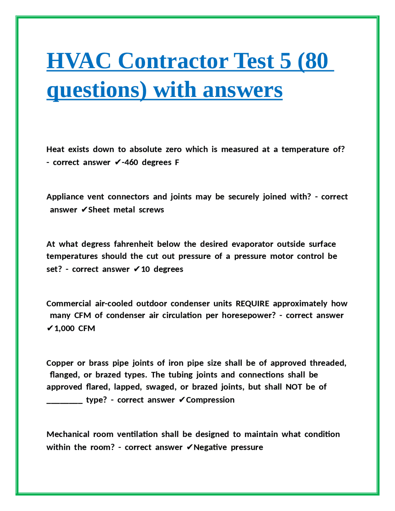 HVAC Contractor Test 5 (80 questions) with answers | Exams Nursing ...