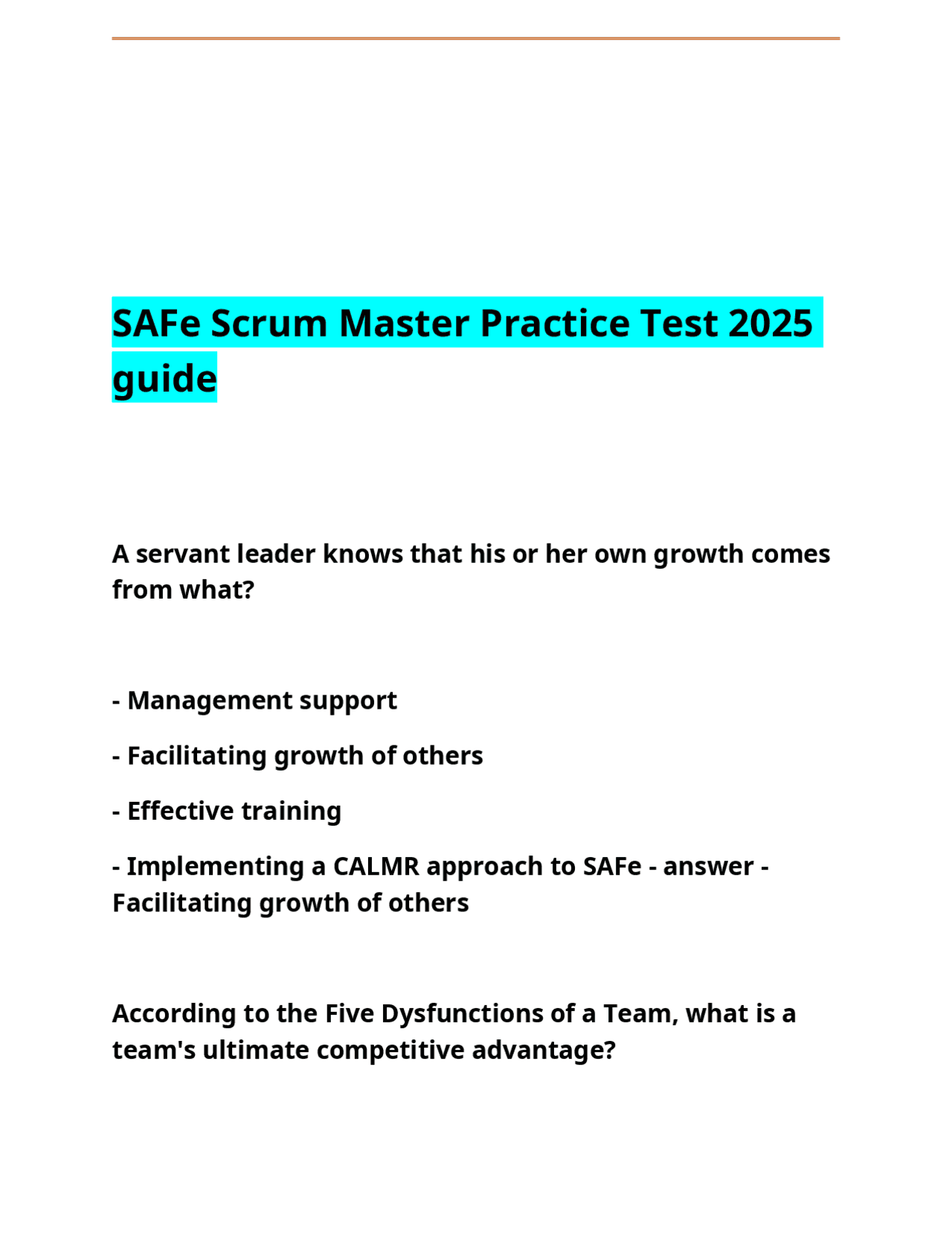 SAFe Scrum Master Practice Test 2025 guide.docx | Exams Nursing | Docsity