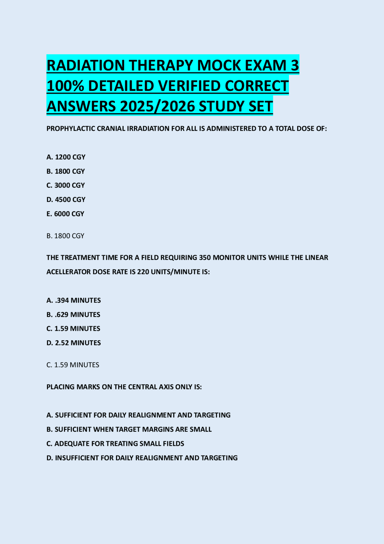 RADIATION THERAPY MOCK EXAM 3 100% DETAILED VERIFIED CORRECT ANSWERS ...