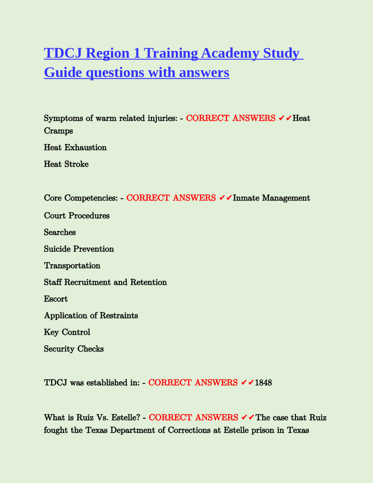 TDCJ Region 1 Training Academy Study Guide questions with answers ...
