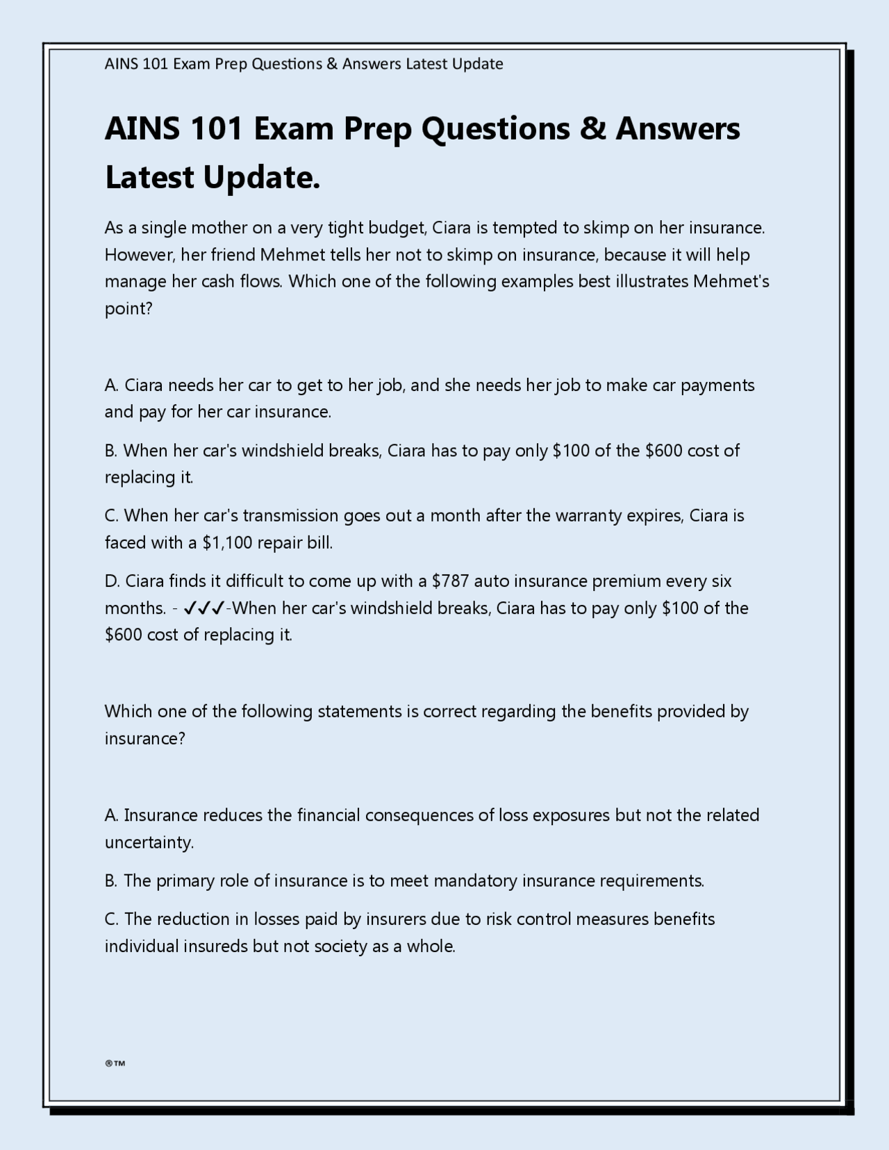 AINS 101 Exam Prep Questions & Answers: Insurance Fundamentals | Exams ...