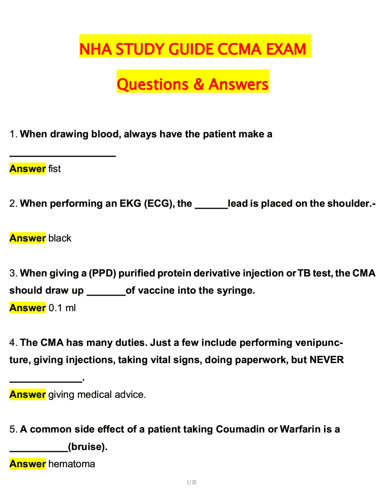 NHA STUDY GUIDE CCMA Questions and Answers Updated Version 2025 Graded ...