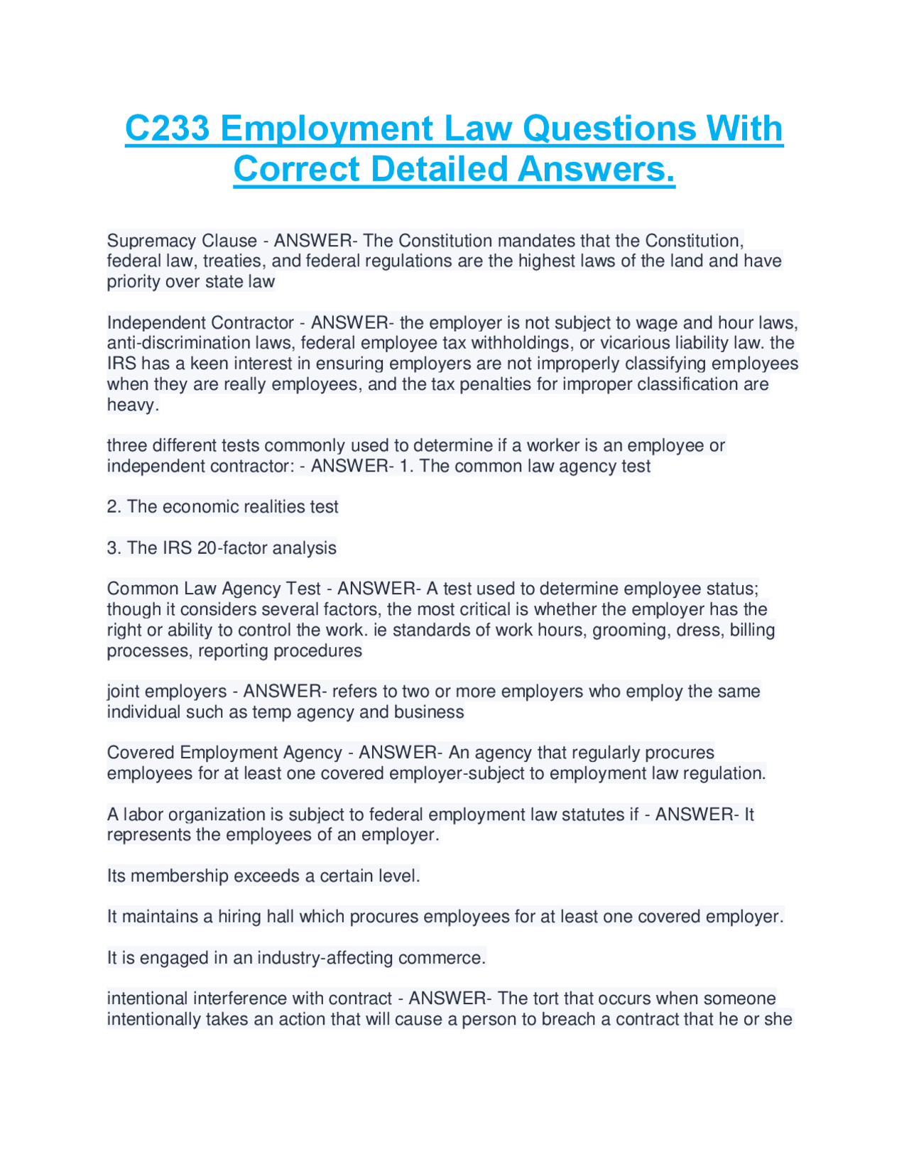 C233 Employment Law Questions With Correct Detailed Answers..pdf ...
