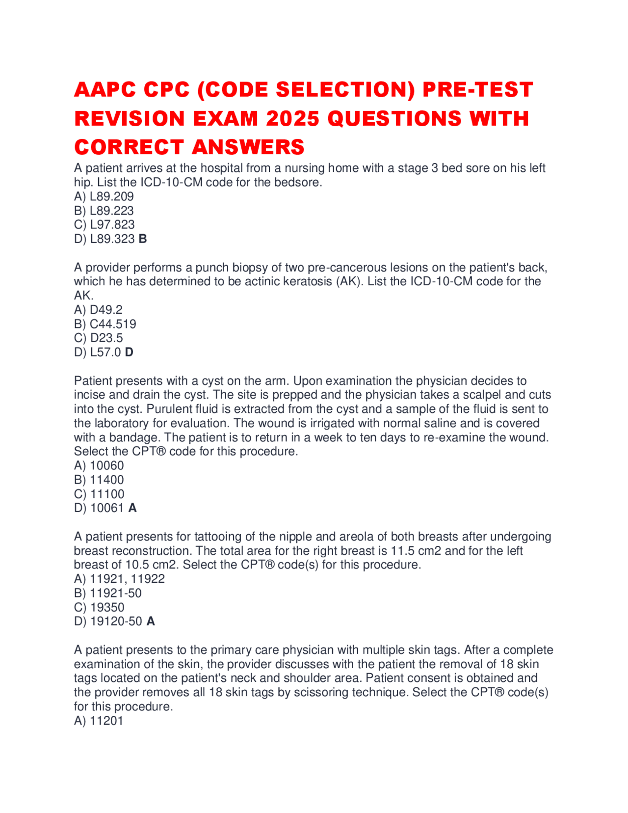 AAPC CPC (CODE SELECTION) PRE-TEST REVISION EXAM 2025 .pdf | Exams ...