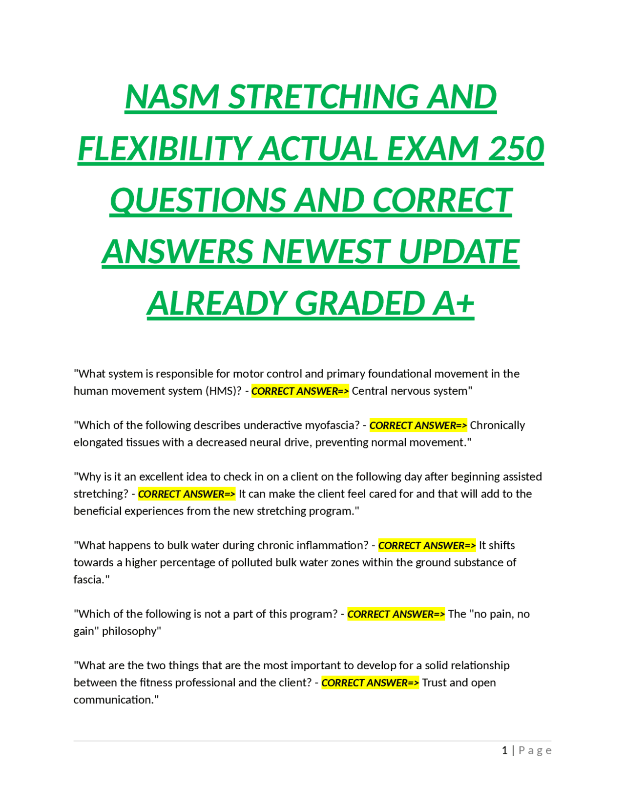NASM STRETCHING AND FLEXIBILITY ACTUAL EXAM 250 QUESTIONS AND CORRECT ...