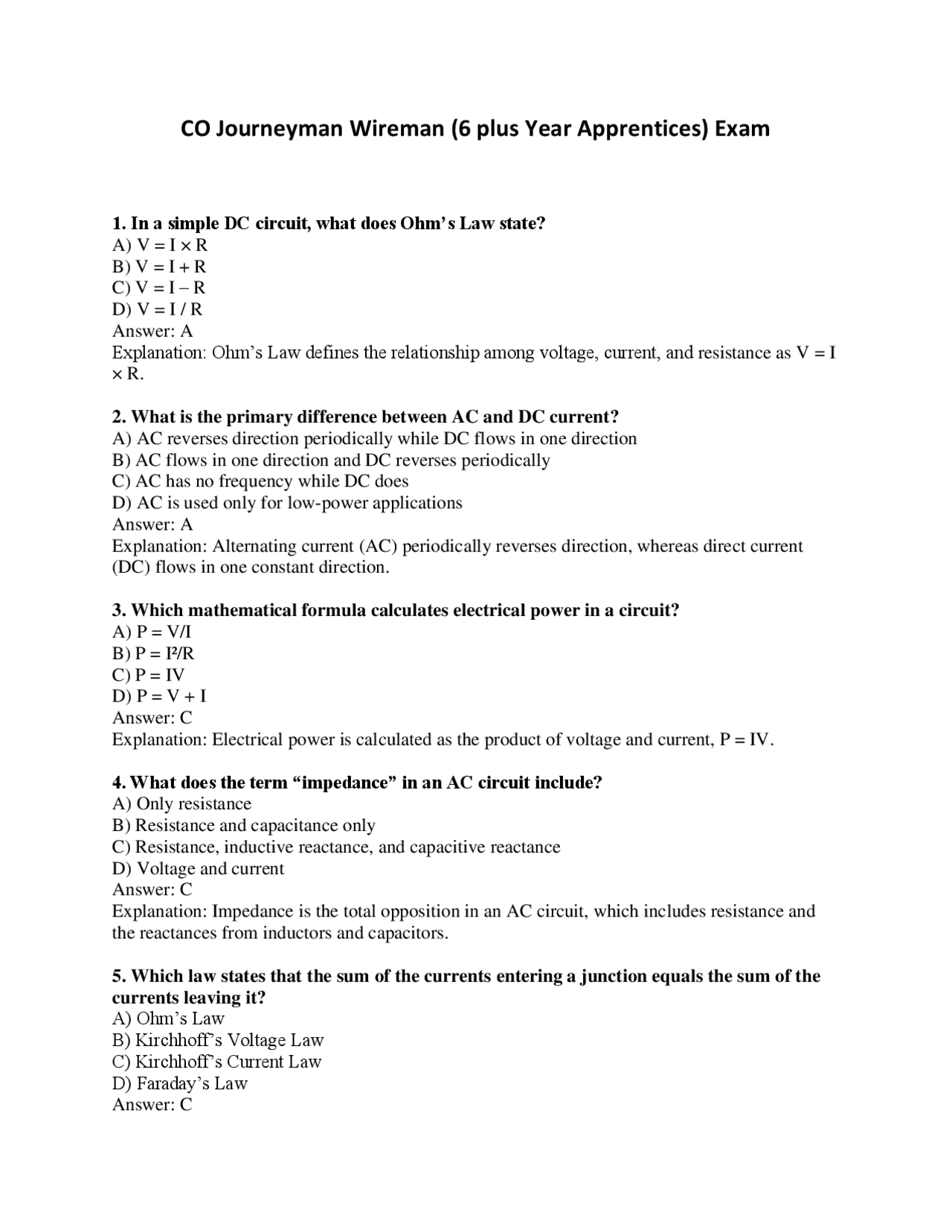 CO Journeyman Wireman (6 plus Year Apprentices) Exam | Exams Technology ...