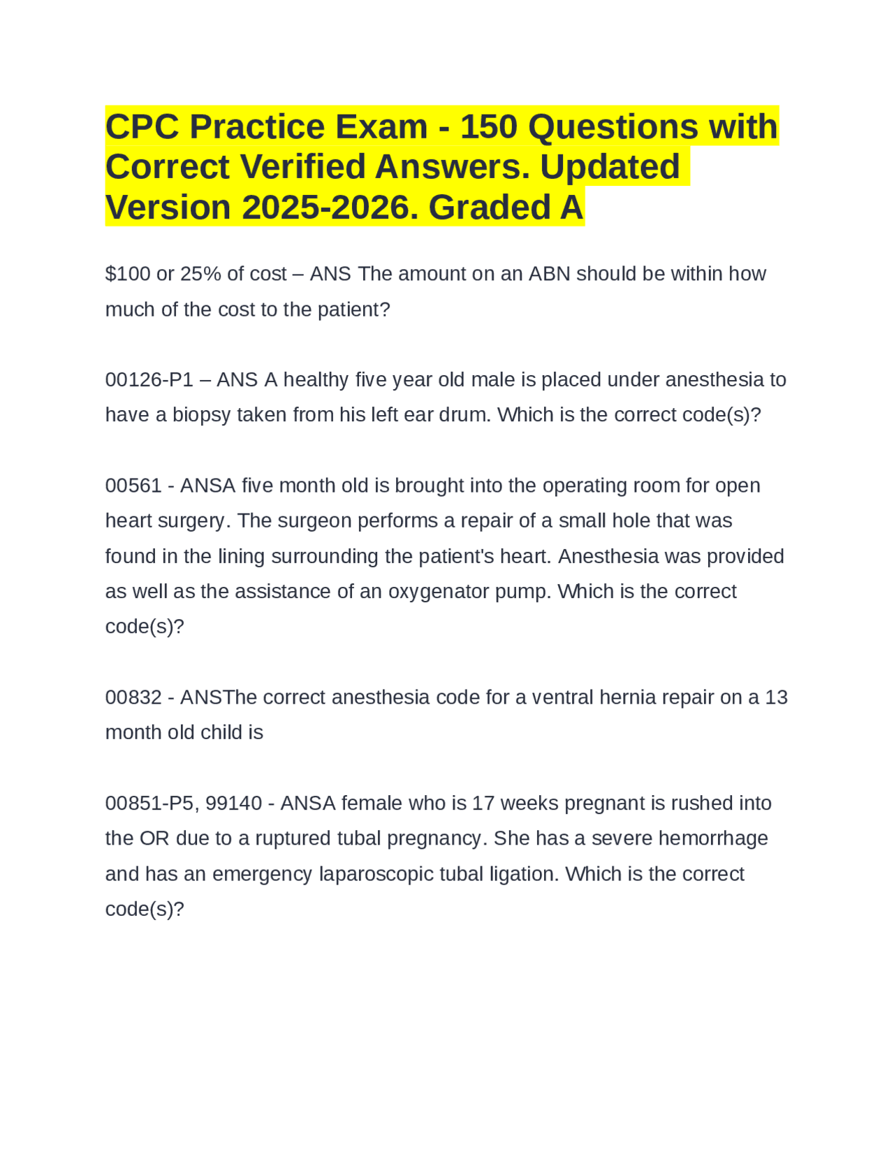 CPC Practice Exam - 150 Questions with Correct Verified Answers ...