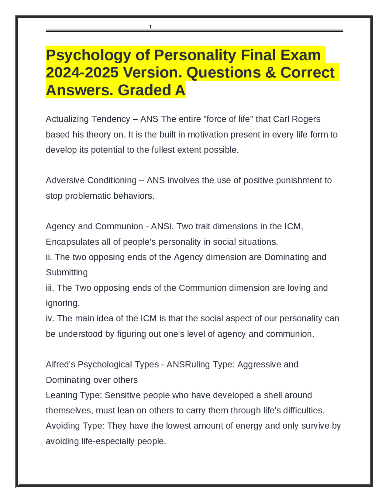 Psychology of Personality Final Exam: Questions and Answers | Exams ...