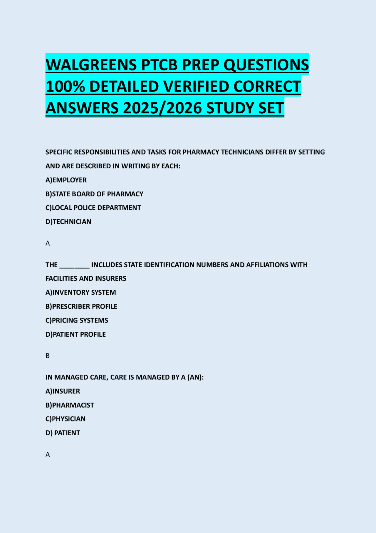 WALGREENS PTCB PREP QUESTIONS 100% DETAILED VERIFIED CORRECT ANSWERS ...