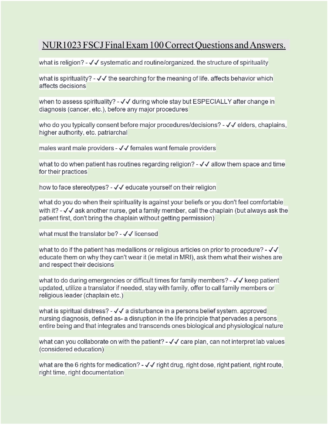 NUR1023 FSCJ Final Exam 100 Correct Questions and Answers. | Exams ...