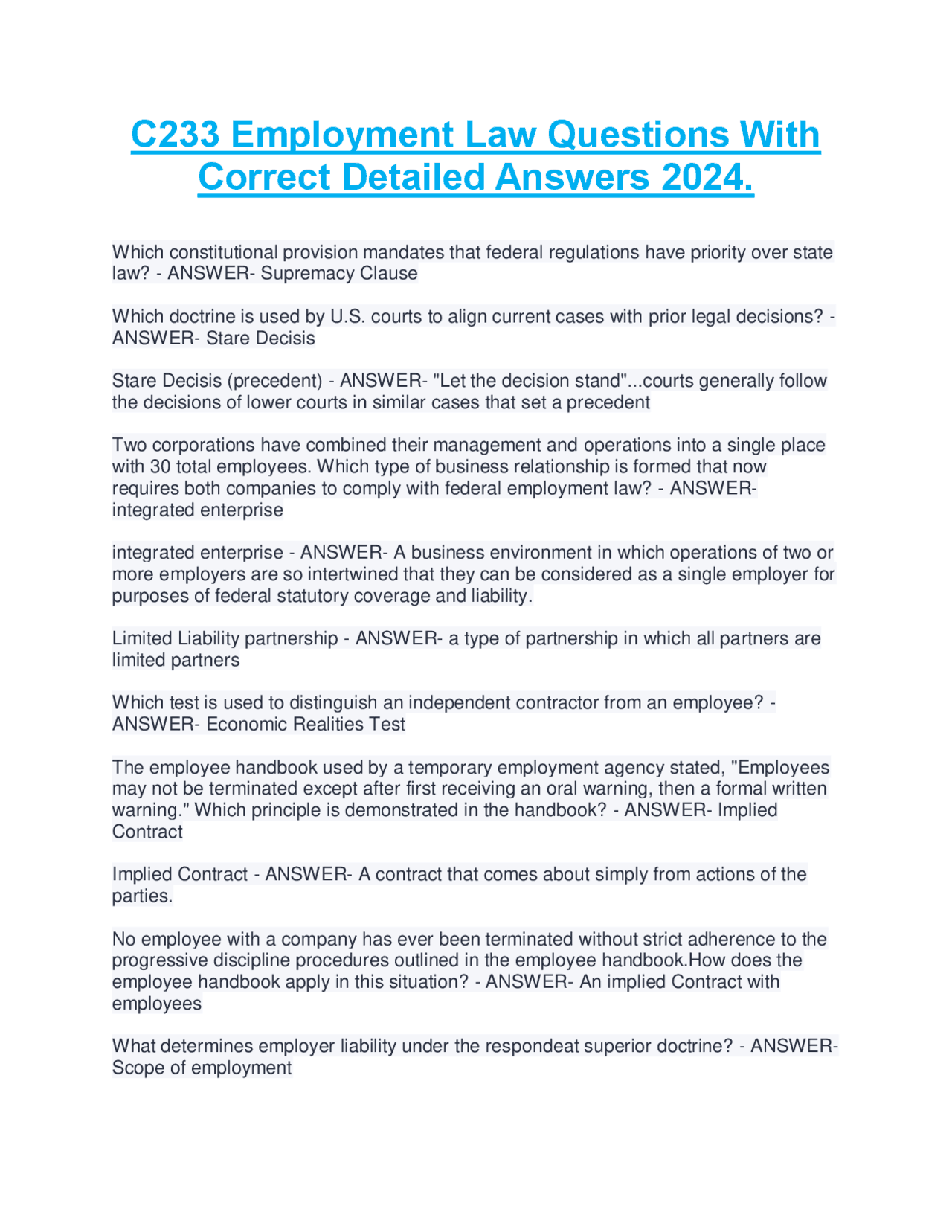 C233 Employment Law Questions With Correct Detailed Answers 2024. (1 ...