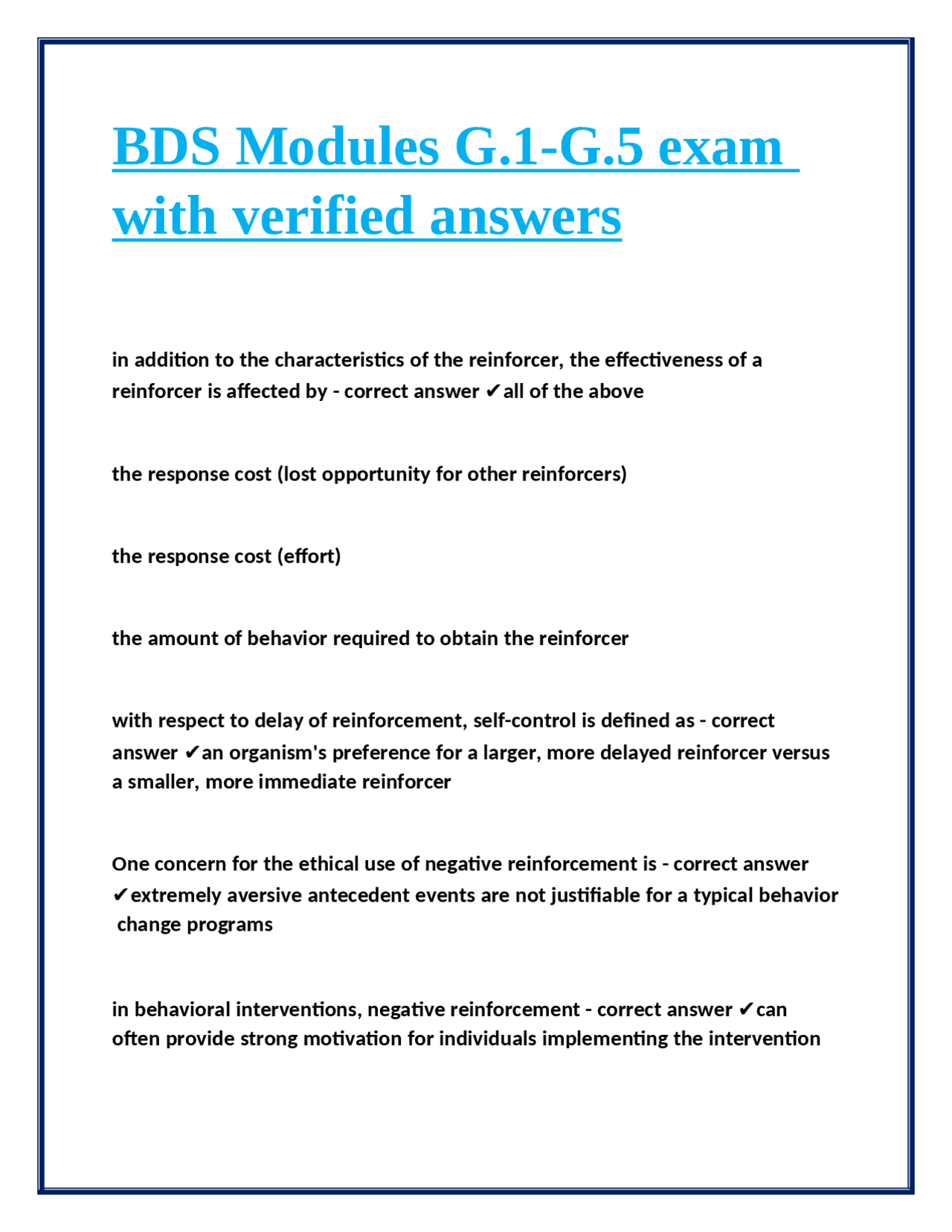 BDS Modules G.1-G.5 Exam: Reinforcement and Behavior Modification ...