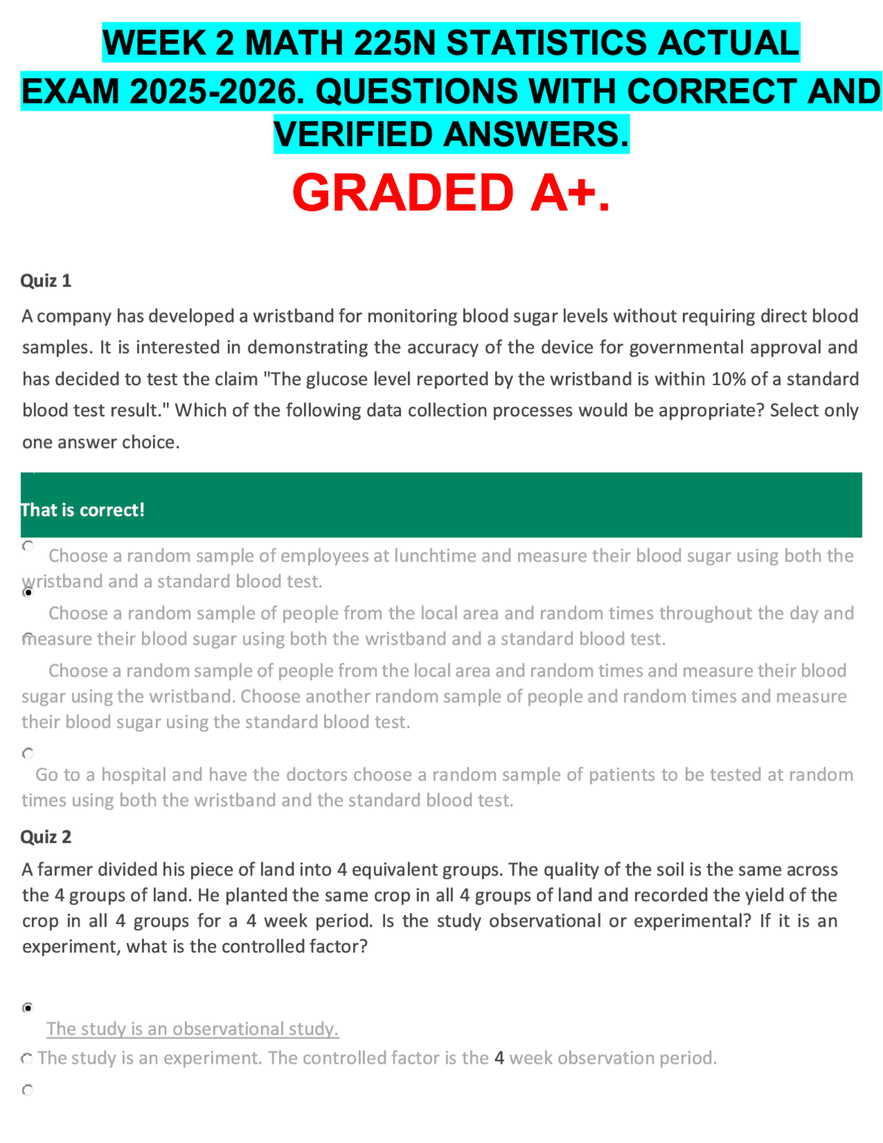 WEEK 2 MATH 225N STATISTICS ACTUAL EXAM 2025-2026. QUESTIONS WITH ...