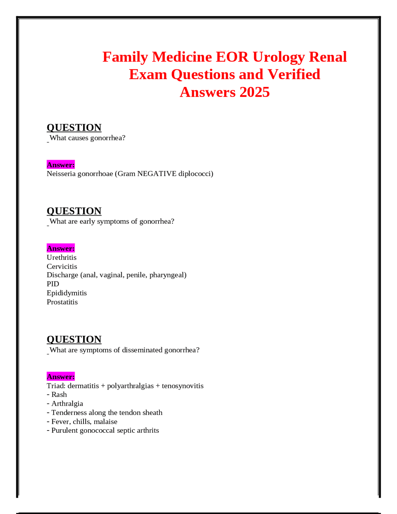 Family Medicine EOR Urology Renal Exam Questions and Verified Answers ...