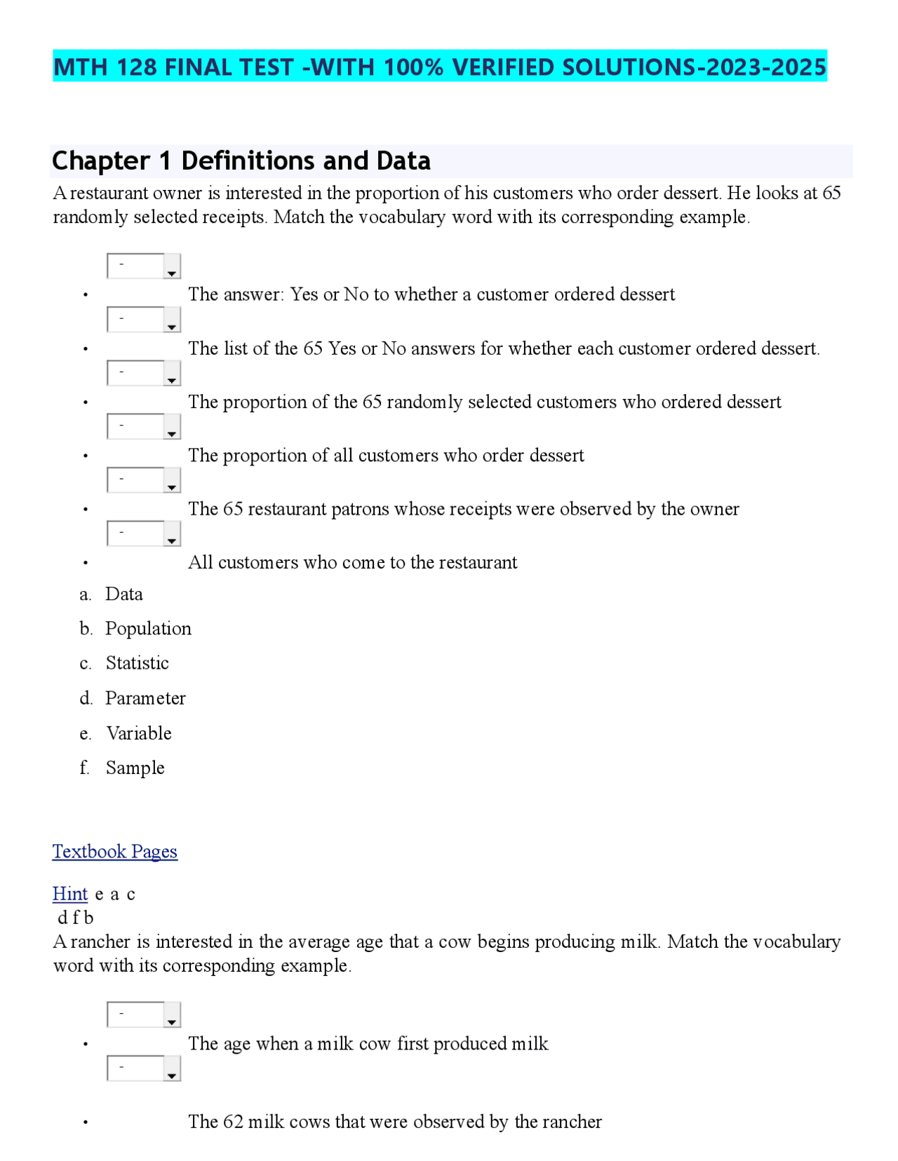 MTH 128 FINAL TEST -WITH 100% VERIFIED SOLUTIONS-2023-2025 Chapter 1 ...