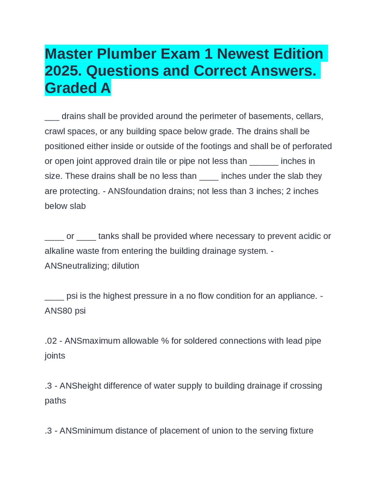 Master Plumber Exam 1: Questions and Answers for Plumbing Professionals ...