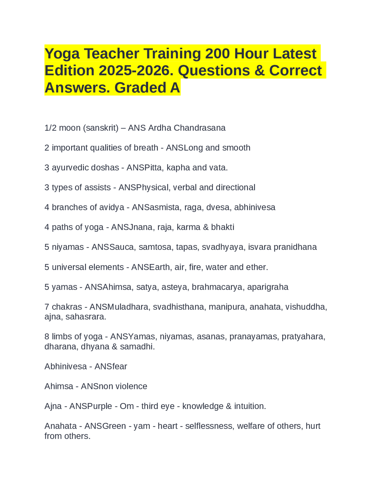 Yoga Teacher Training 200 Hour: Questions & Answers | Exams Yoga | Docsity