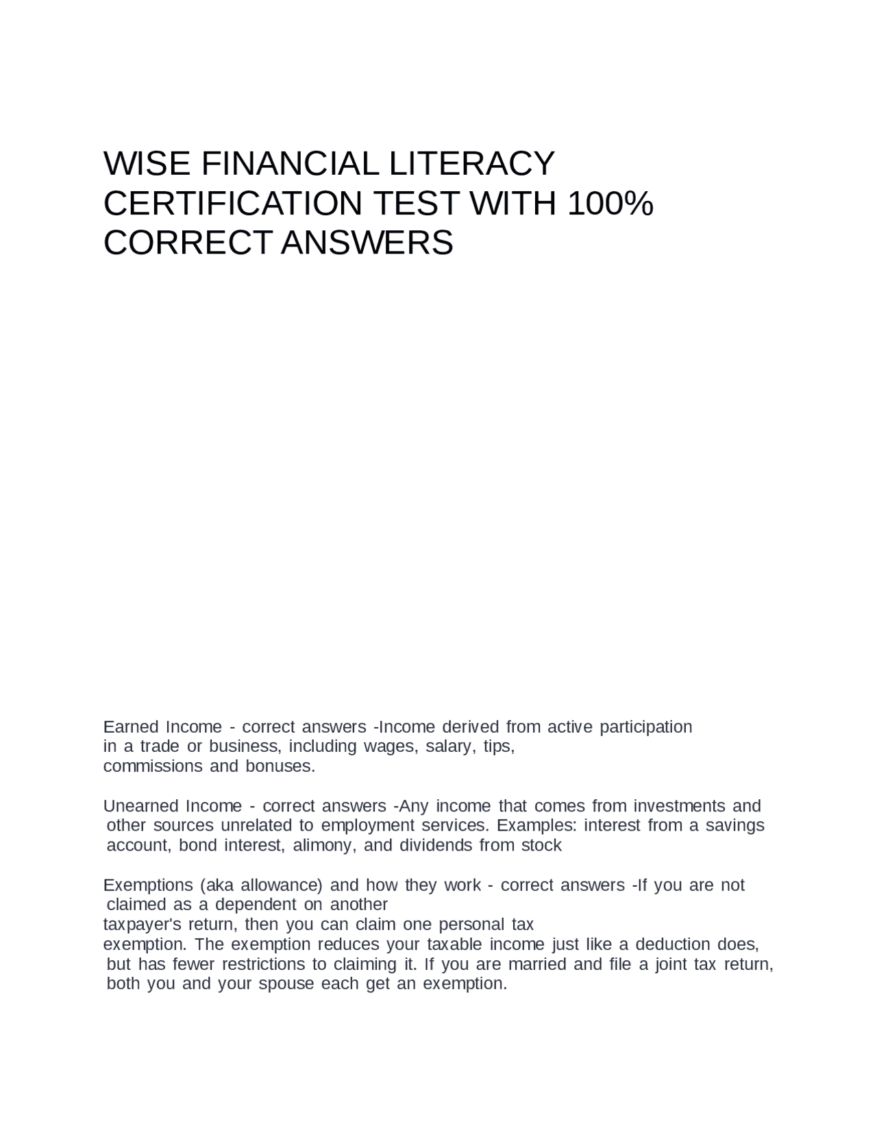 WISE FINANCIAL LITERACY CERTIFICATION TEST WITH 100% CORRECT ANSWERS ...