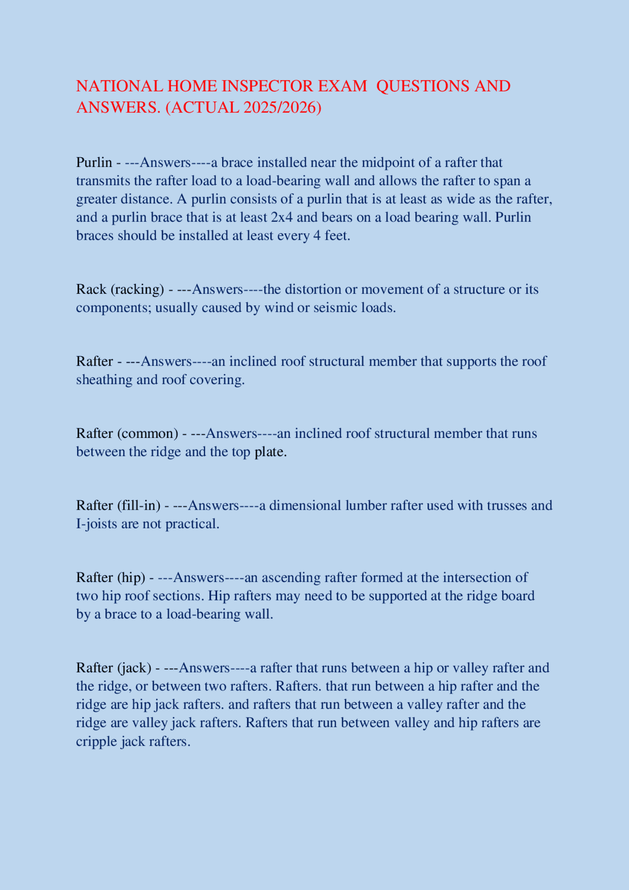 NATIONAL HOME INSPECTOR EXAM QUESTIONS AND ANSWERS. (ACTUAL 2025/2026 ...