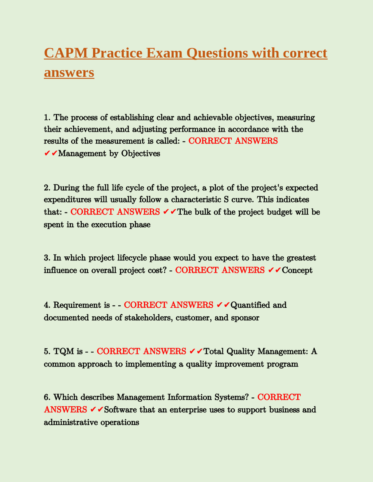 CAPM Practice Exam Questions with correct answers | Exams Project Management | Docsity