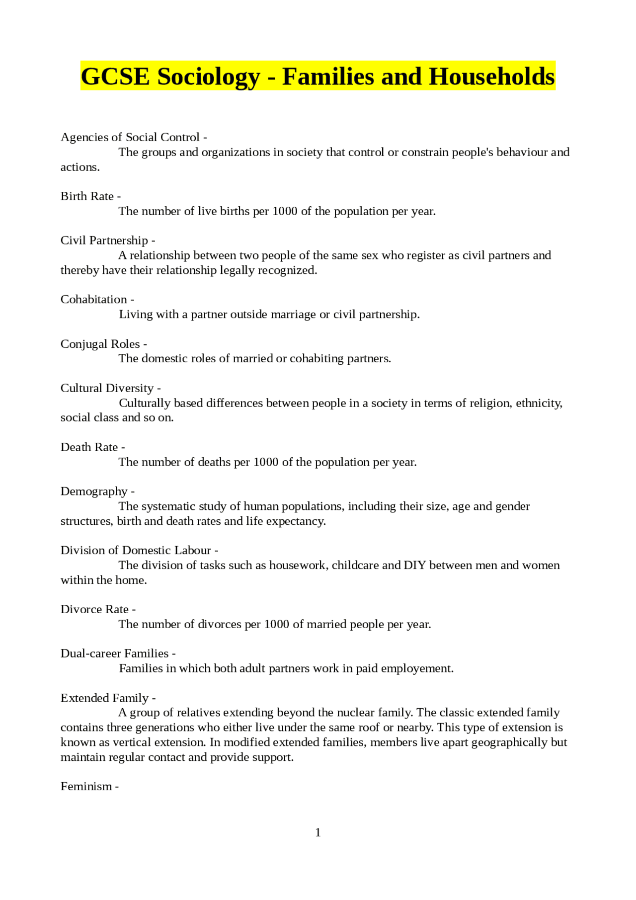 GCSE Sociology - Families and Households: Key Concepts and Definitions ...