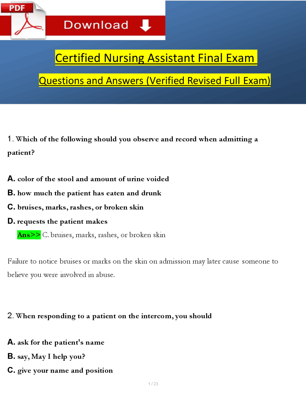 CNA Practice Test Exam (Questions And Answers) Graded A+ | Exams ...