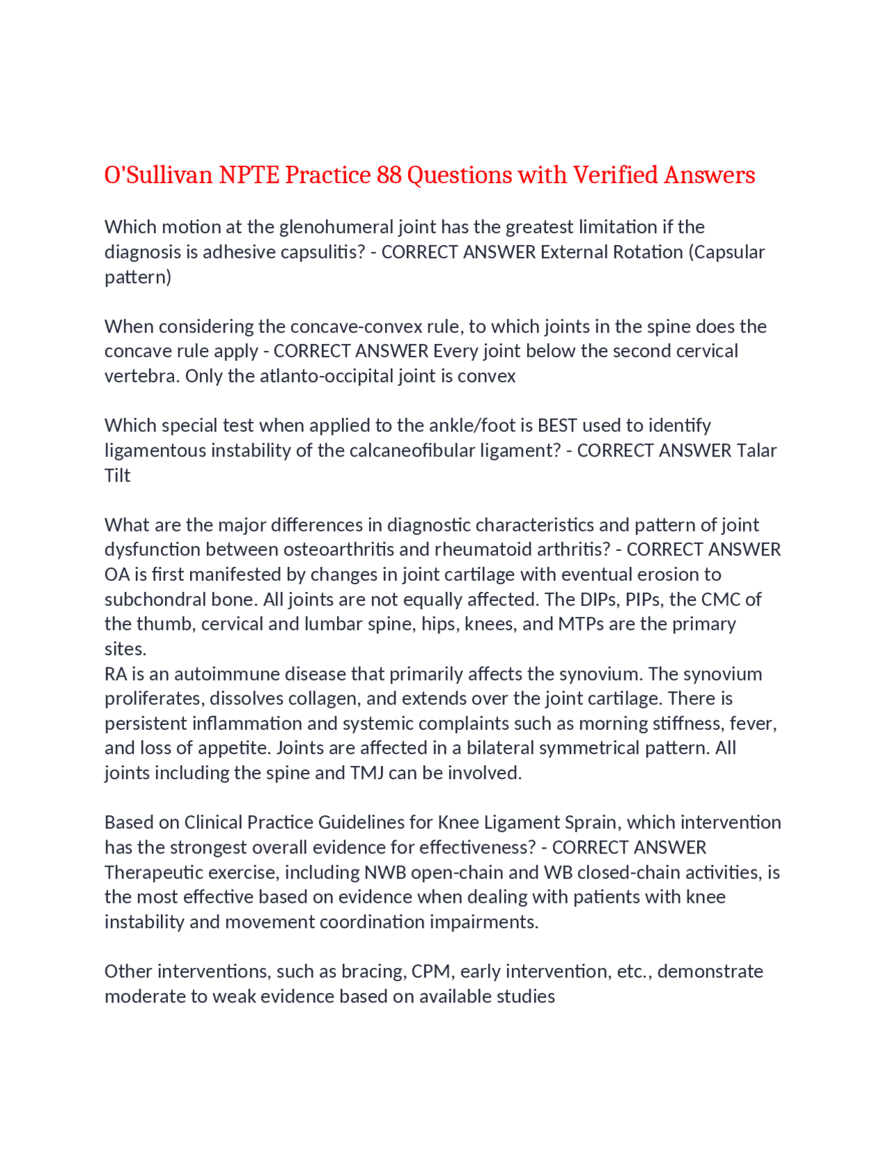 O'Sullivan NPTE Practice 88 Questions with Verified Answers,100% ...