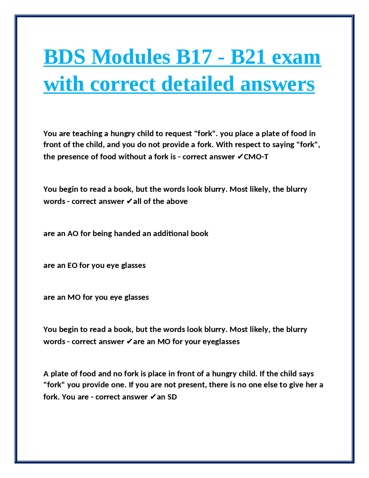 BDS Modules B17 - B21 Exam: Behavioral Analysis and Correct Answers ...