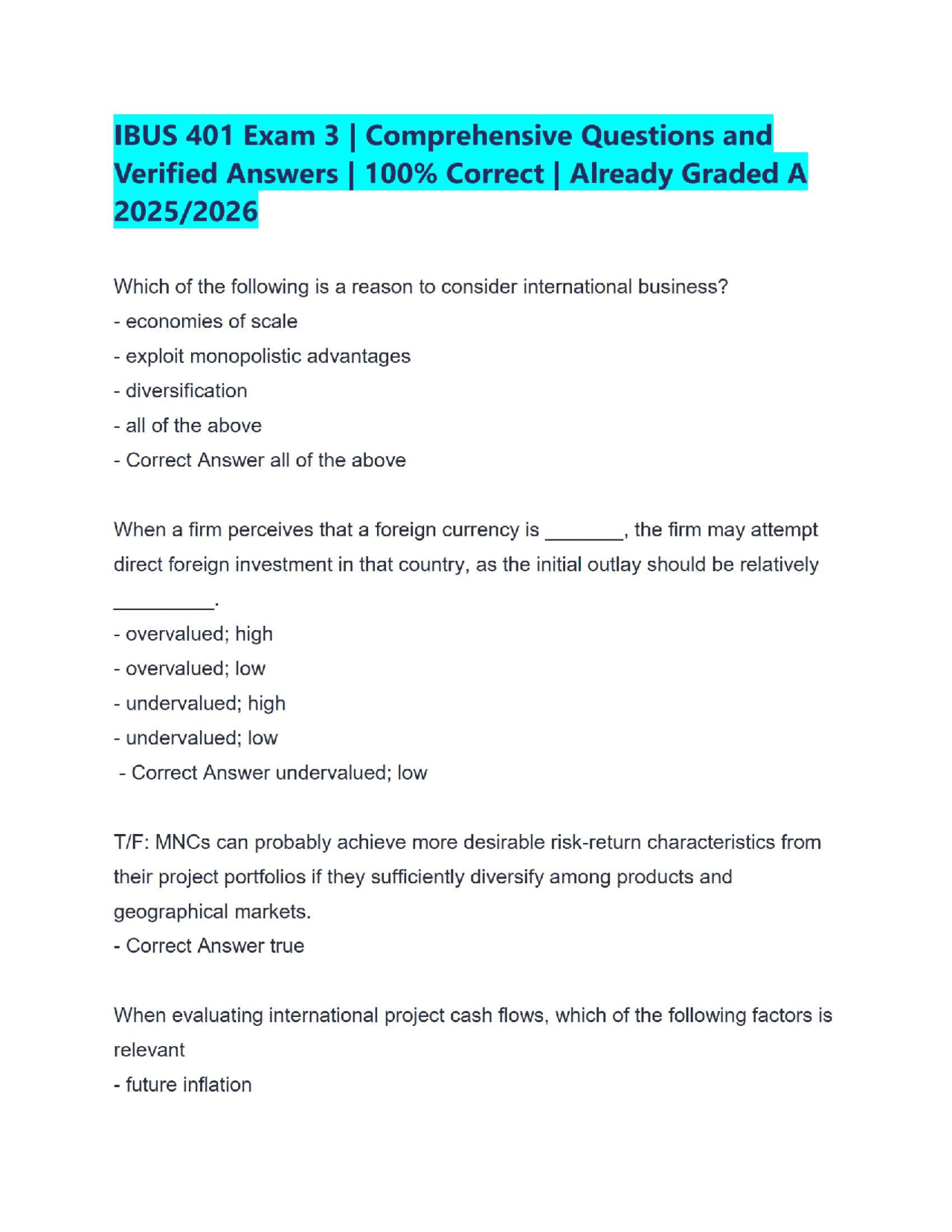 IBUS 401 Exam 3 | Comprehensive Questions and Verified Answers | 100% ...